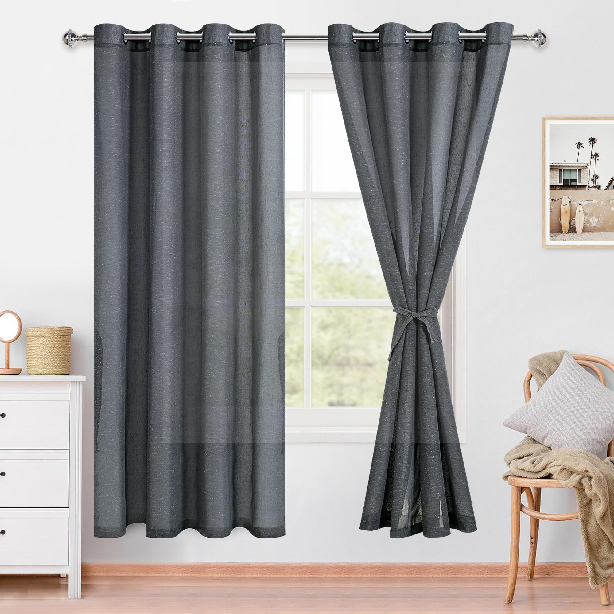 XWZO Linen Sheer Curtains with Tiebacks for Bedroom, Light Filtering Grommet Semi Sheer Curtains ...