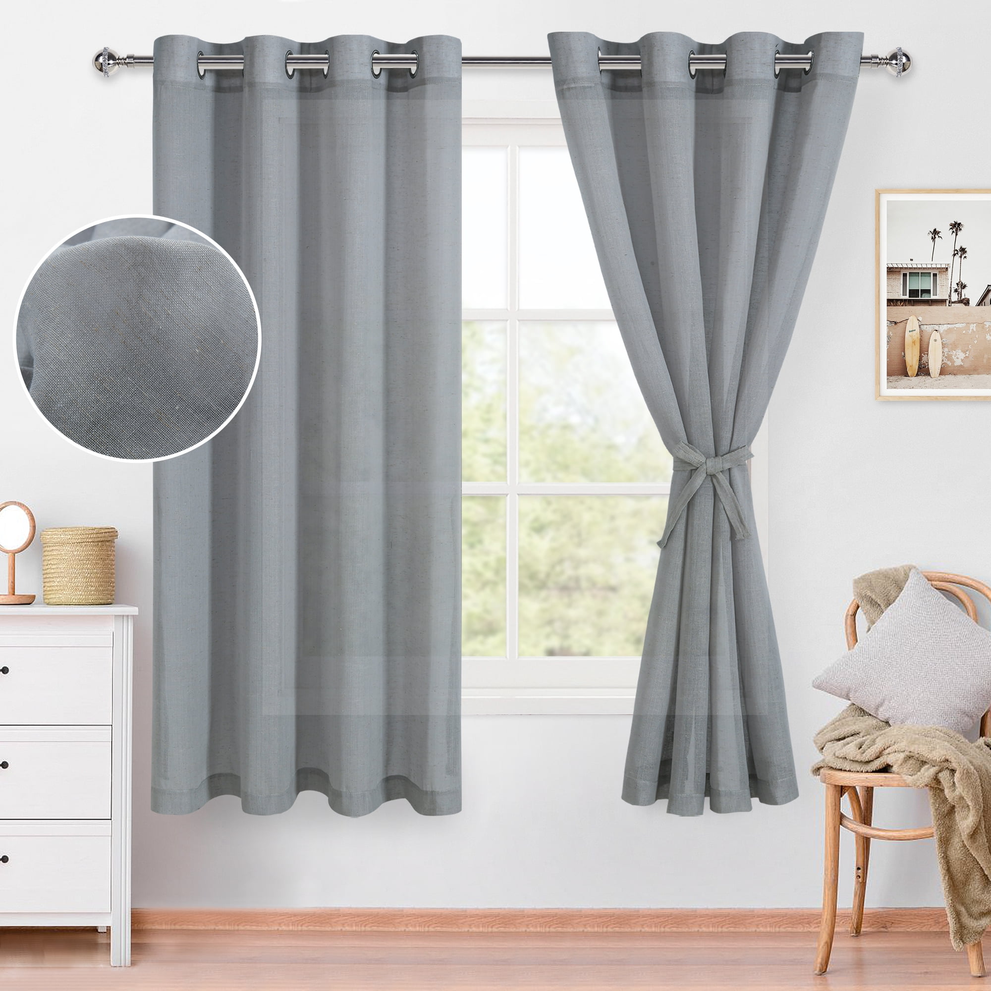 XWZO Modern Linen Sheer Grommet Curtains for Bedroom, Solid Light Filtering Semi Sheer Curtains ...