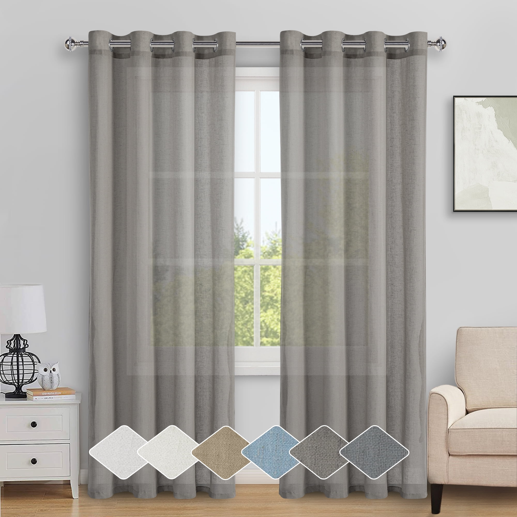 XWZO Modern Linen Sheer Grommet Curtains for Bedroom, Solid Light Filtering Semi Sheer Curtains ...
