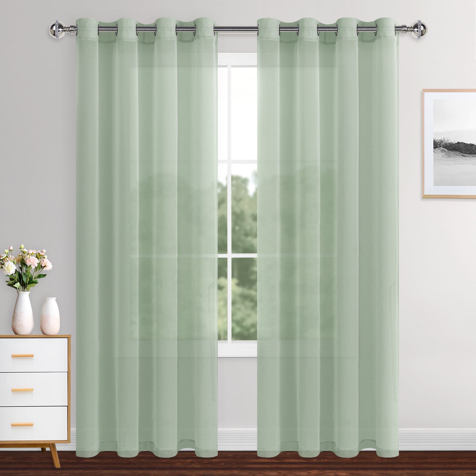 XWZO Pea Green Sheer Curtains,84 inches Length 2 Panels Set with ...