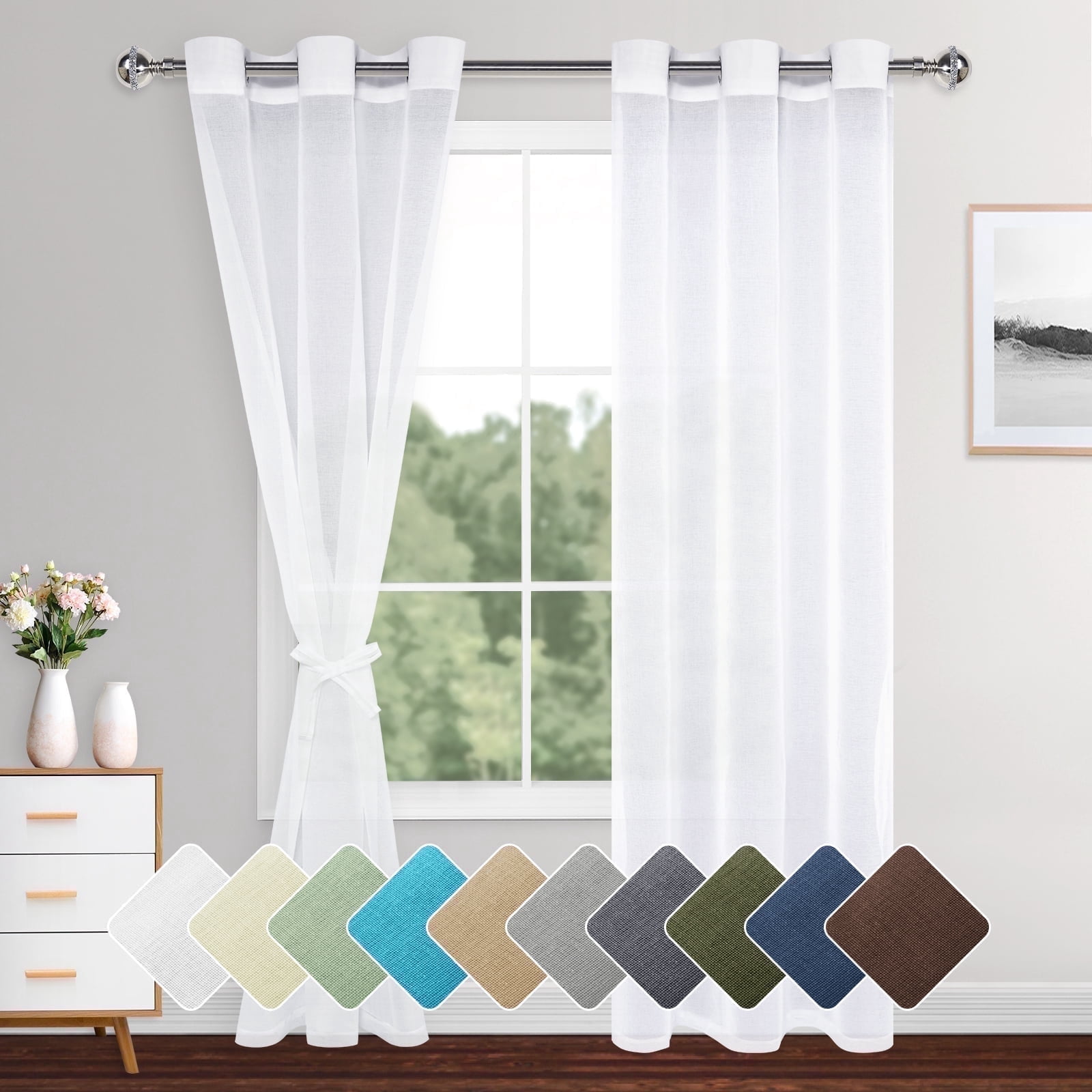 XWZO White Sheer Curtains, 84 Inch, 2 Panels with Tiebacks, Semi ...