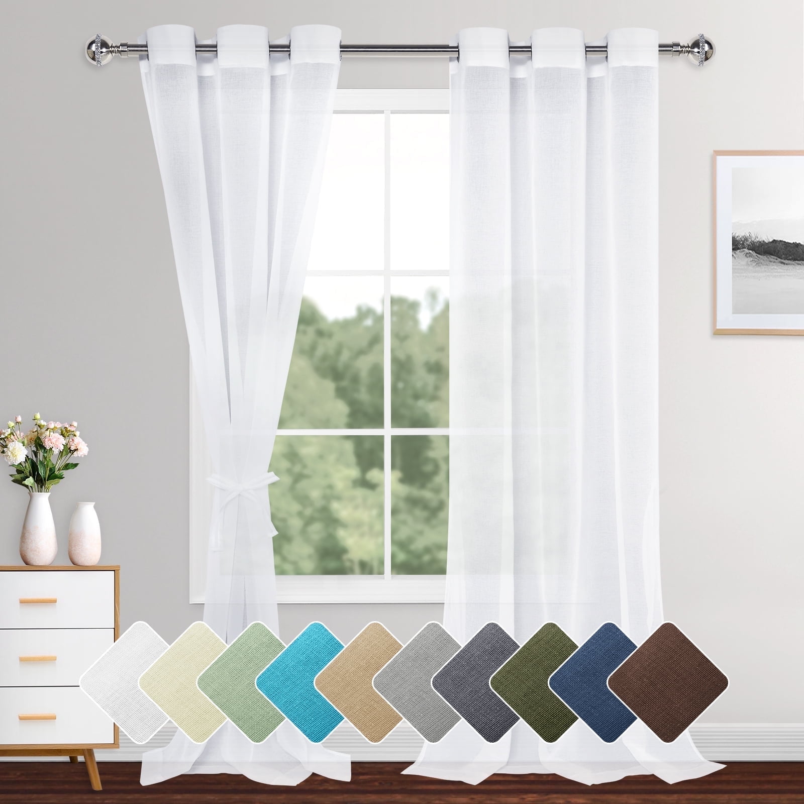 XWZO White Sheer Curtains,95 Inch Length 2 Panels Set with Tiebacks ...