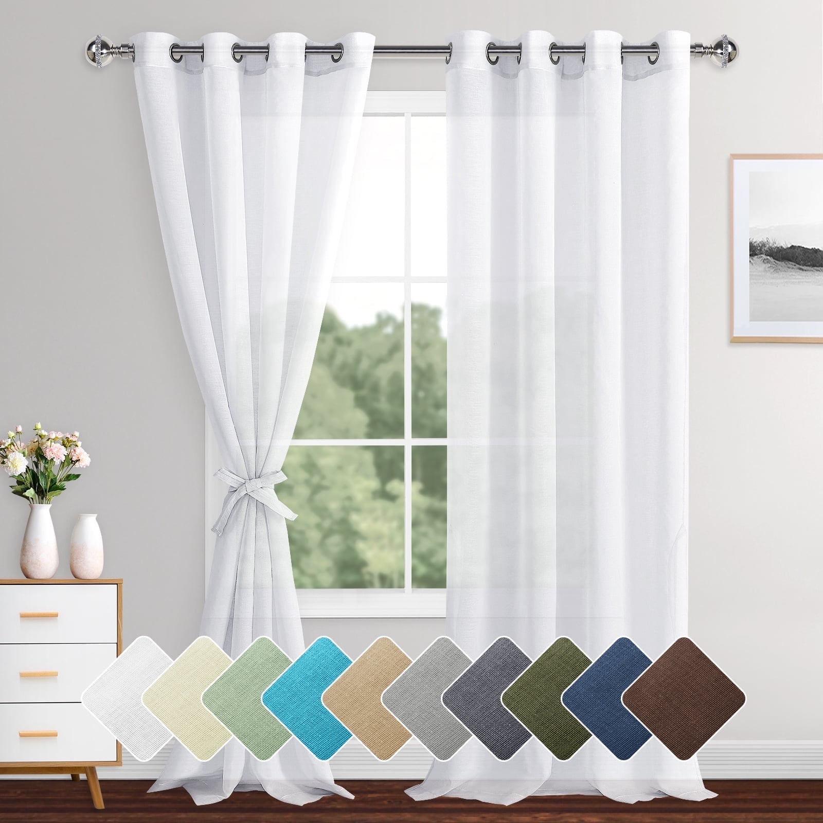 XWZO White Sheer Curtains,W52 x L108, 2 Panels Set with Tiebacks ...