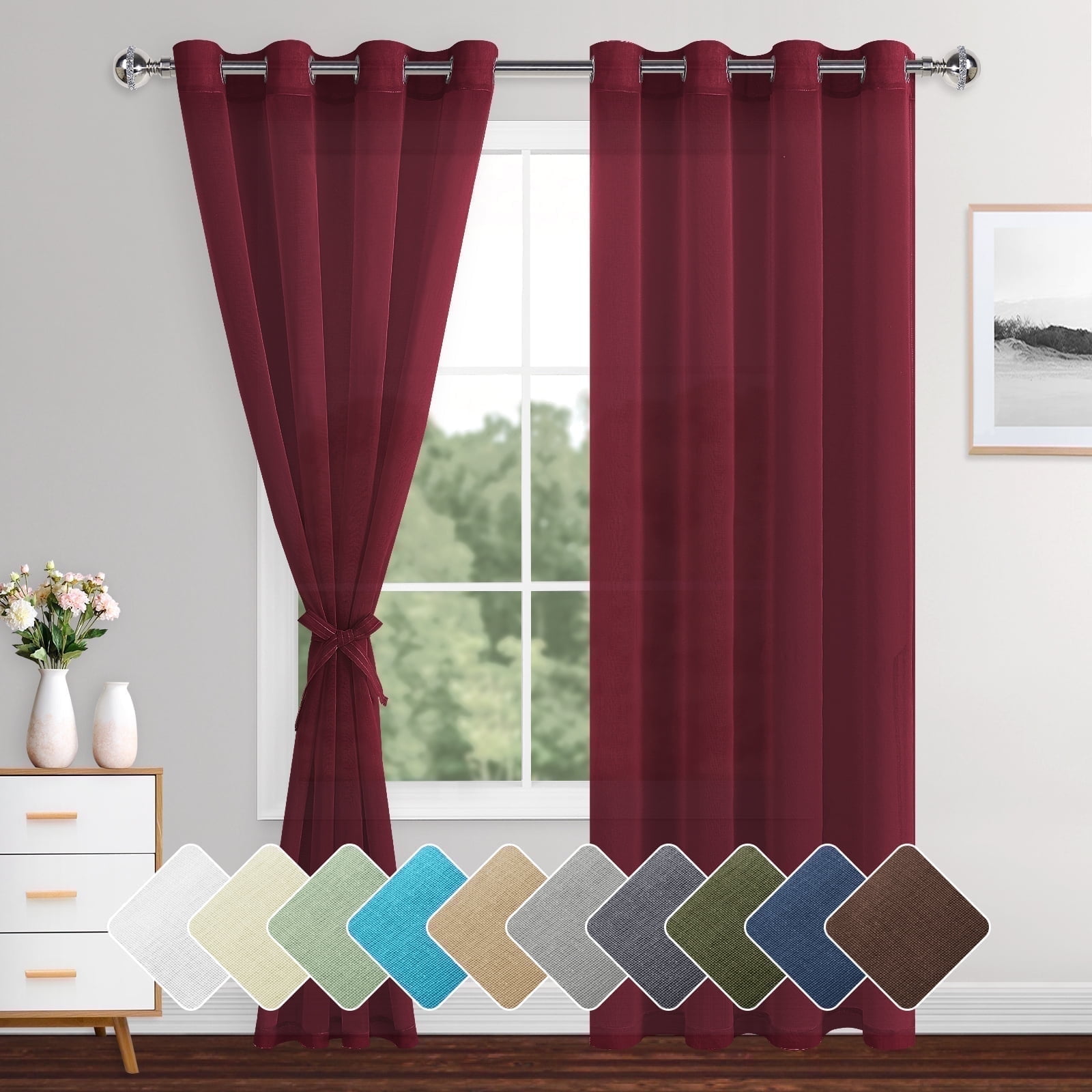 XWZO Wine Red Sheer Curtains, 84 Inch Length 2 Panels Set with Tiebacks ...