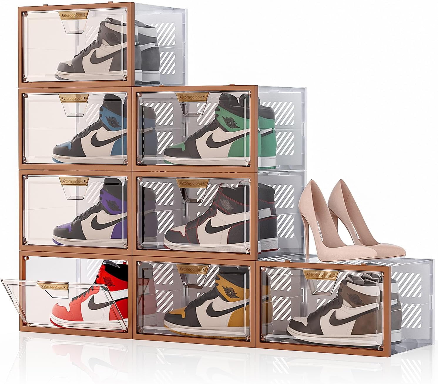 XX-Large Display Shoe Storage Box, 8 Pack Clear Plastic Stackable Shoe Organizer Containers for ...