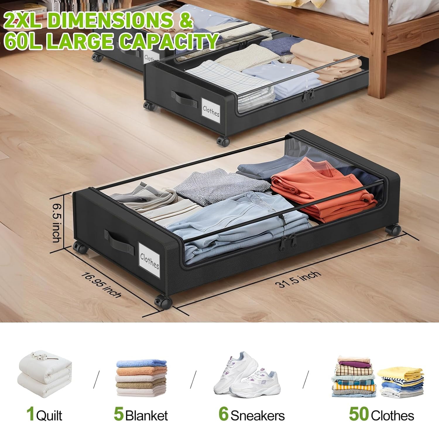 XXL Under Bed Storage Bins with Wheels, 60L Capacity Metal Drawers with ...
