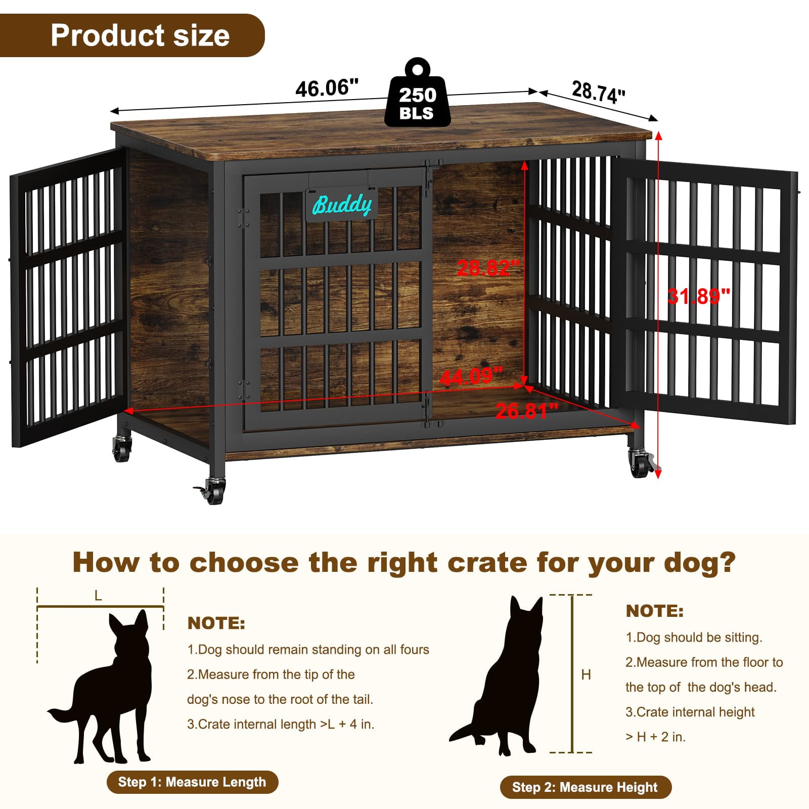 XXL Dog Crate Furniture with Customizable Name Tag, Heavy Duty Indoor Kennel for Large Dogs ...
