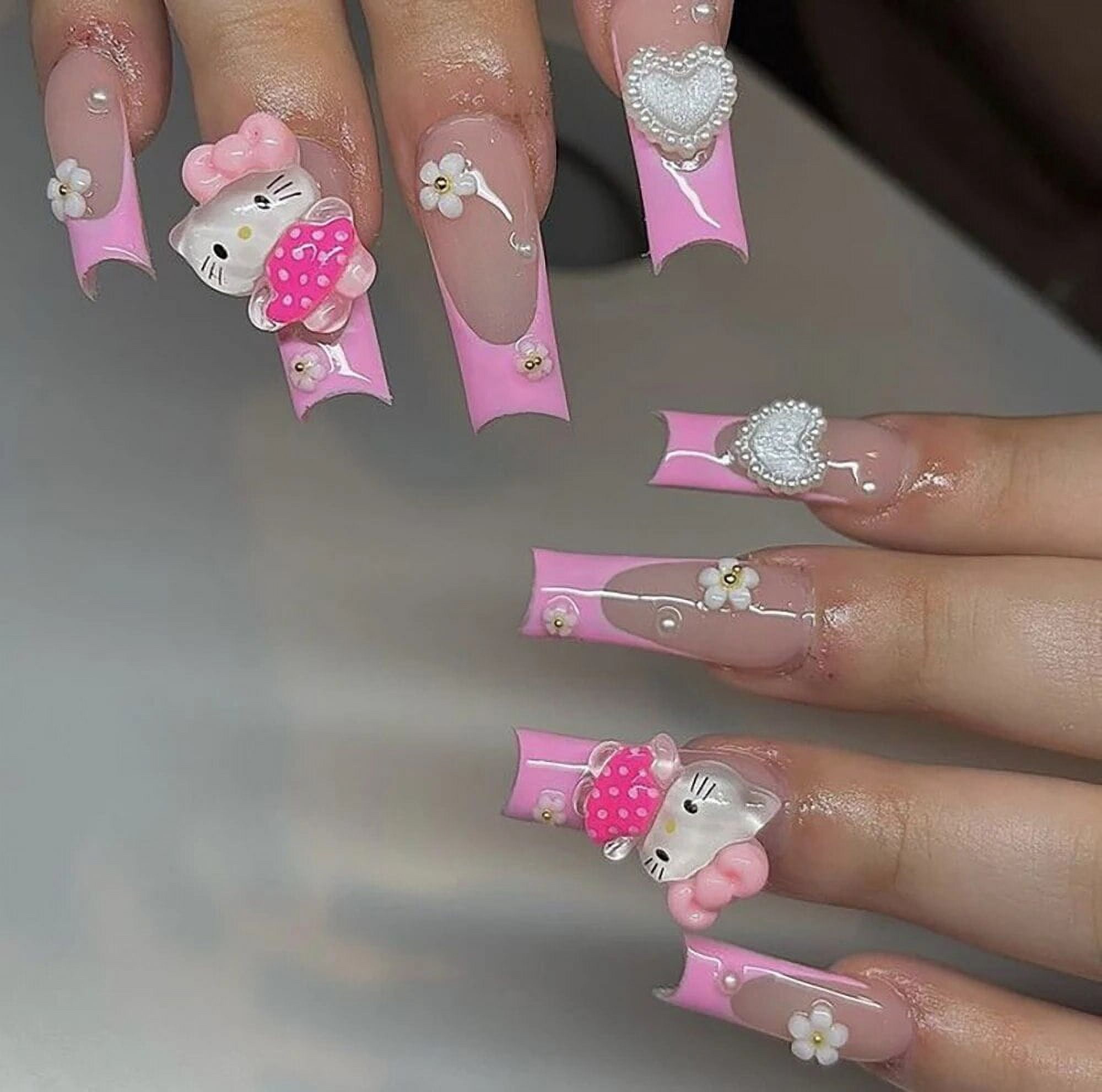 XXL Long Rectangle Y2K Hello Kitty Nails Art Handmade Pink Zebra-print Kumi Bow Cute French ...