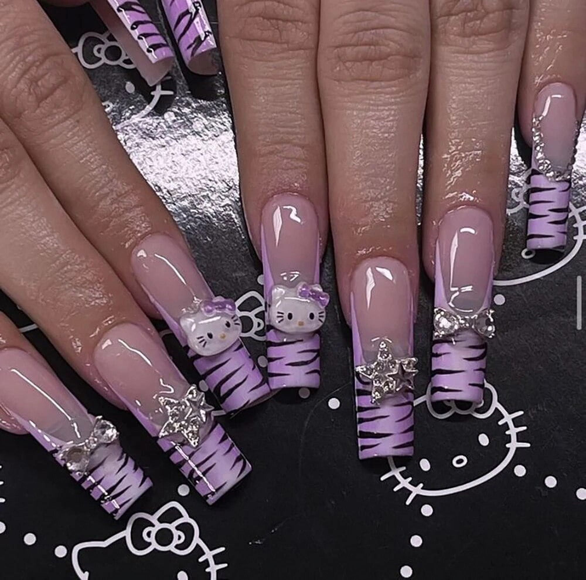 XXL Long Rectangle Y2K Hello Kitty Nails Art Handmade Pink Zebra-print ...
