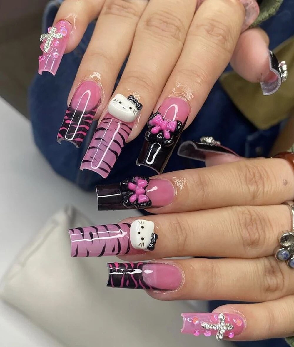 XXL Long Rectangle Y2K Hello Kitty Nails Art Handmade Pink Zebra-print Kumi Bow Cute French ...