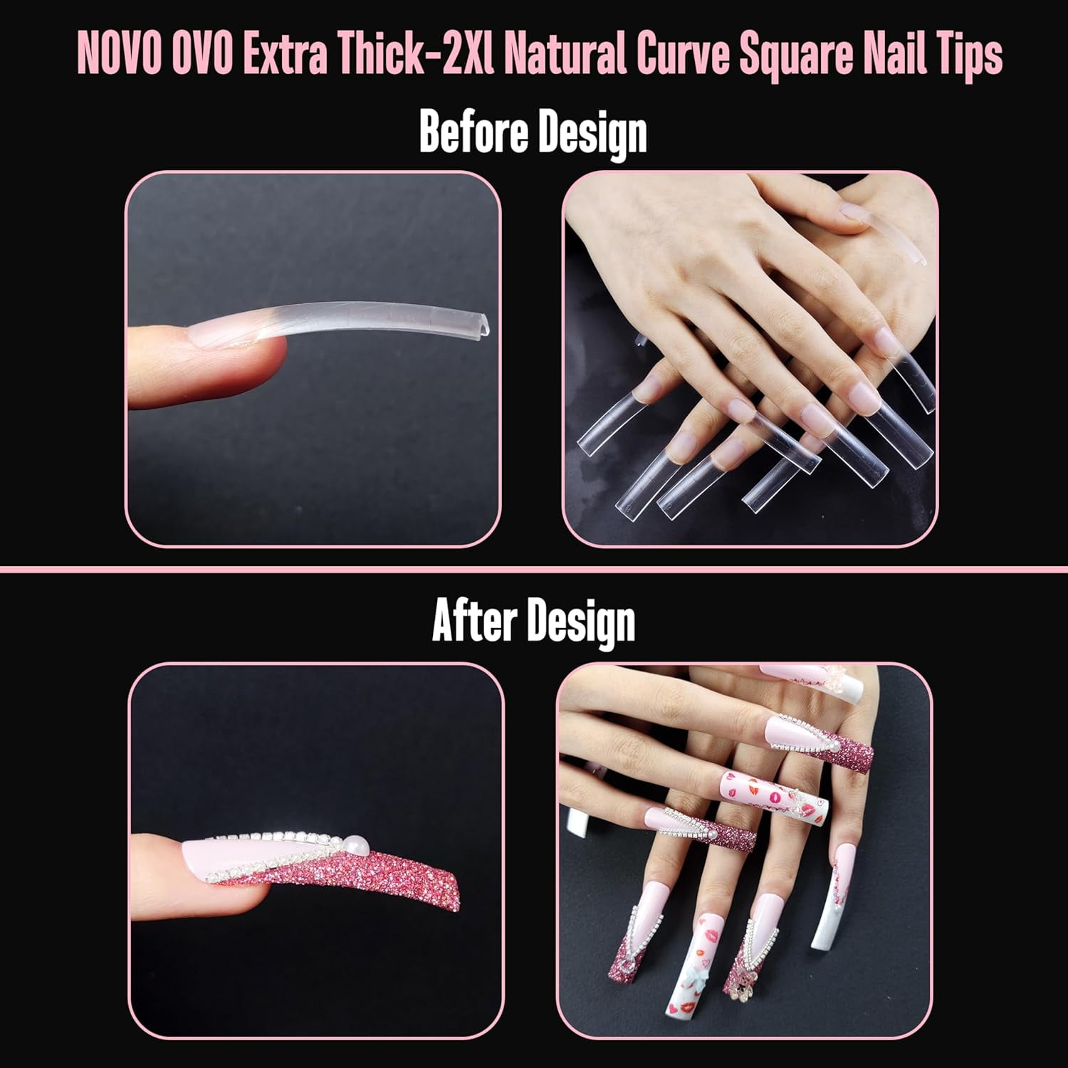 XXL Slightly Curved Sharp Square Nail Tip, Extra Thick Natural Curve ...