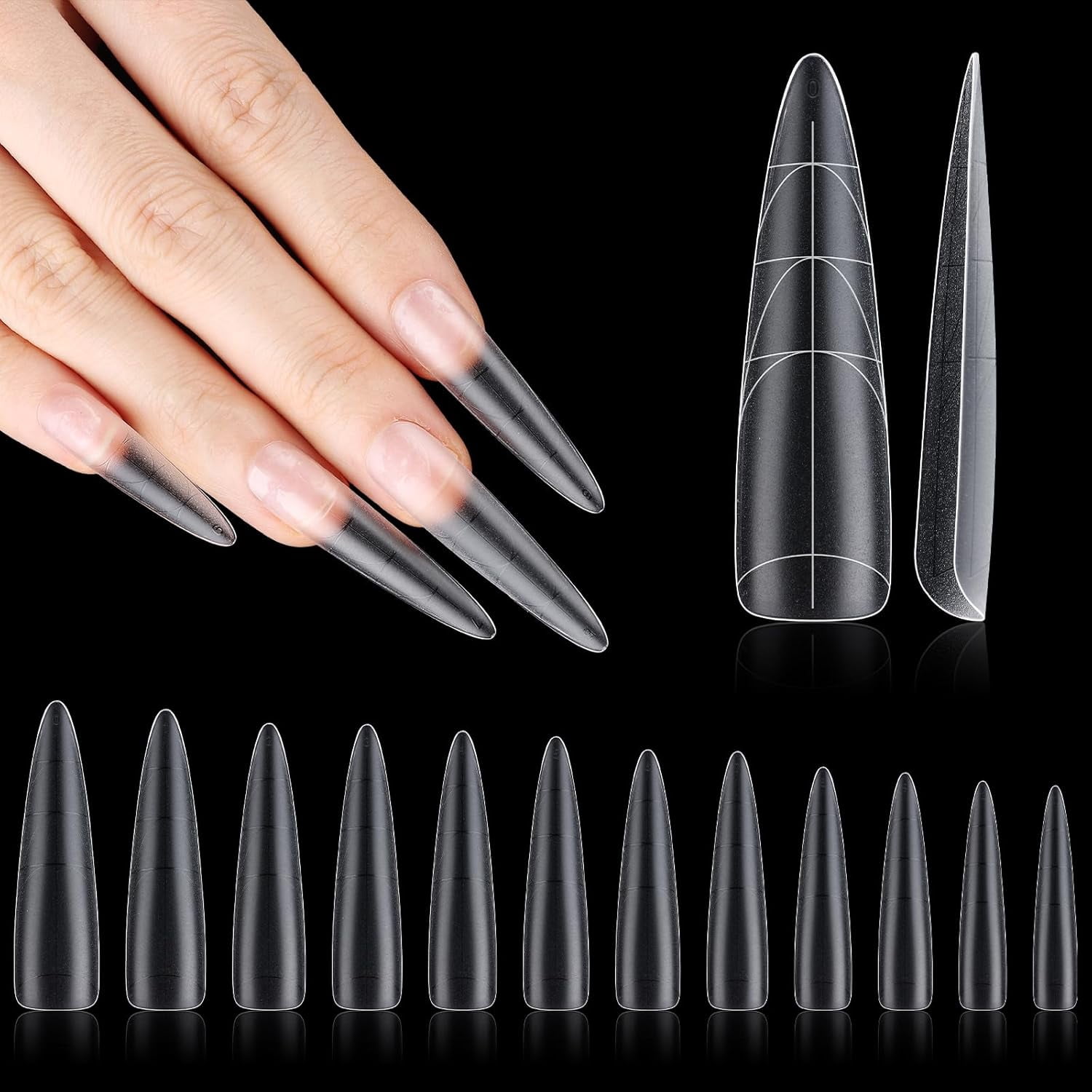 XXL Stiletto Nail Tips, Full Matte Clear Full Cover Stiletto Press on ...