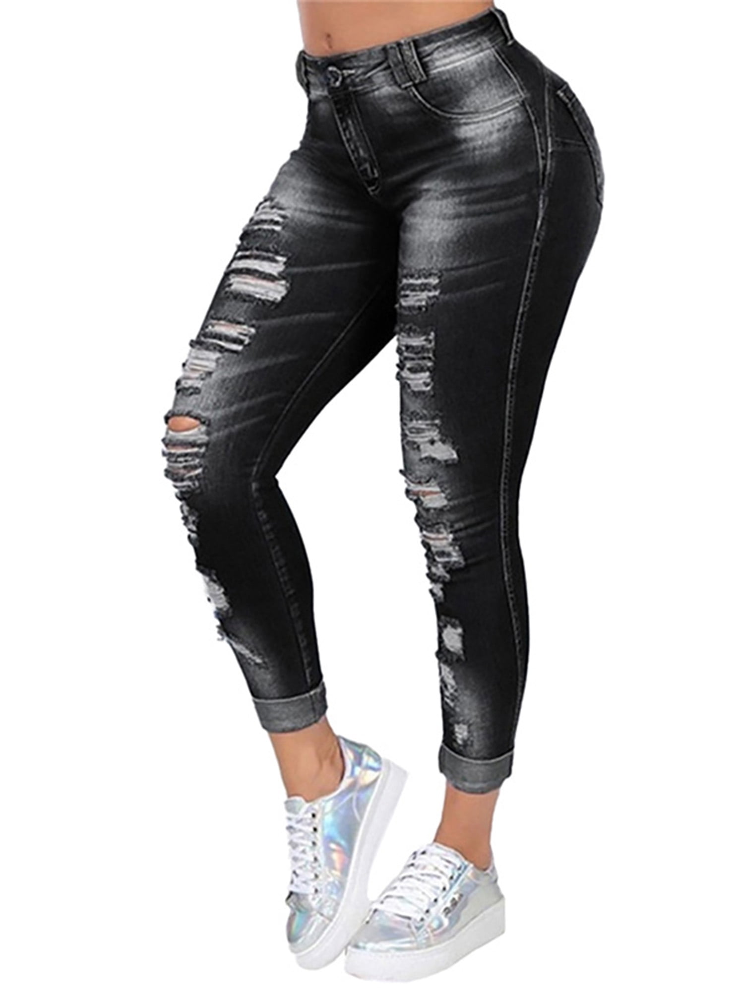 XXLvision Women Ripped Jeans High Waist Stretch Skinny Washed Denim ...