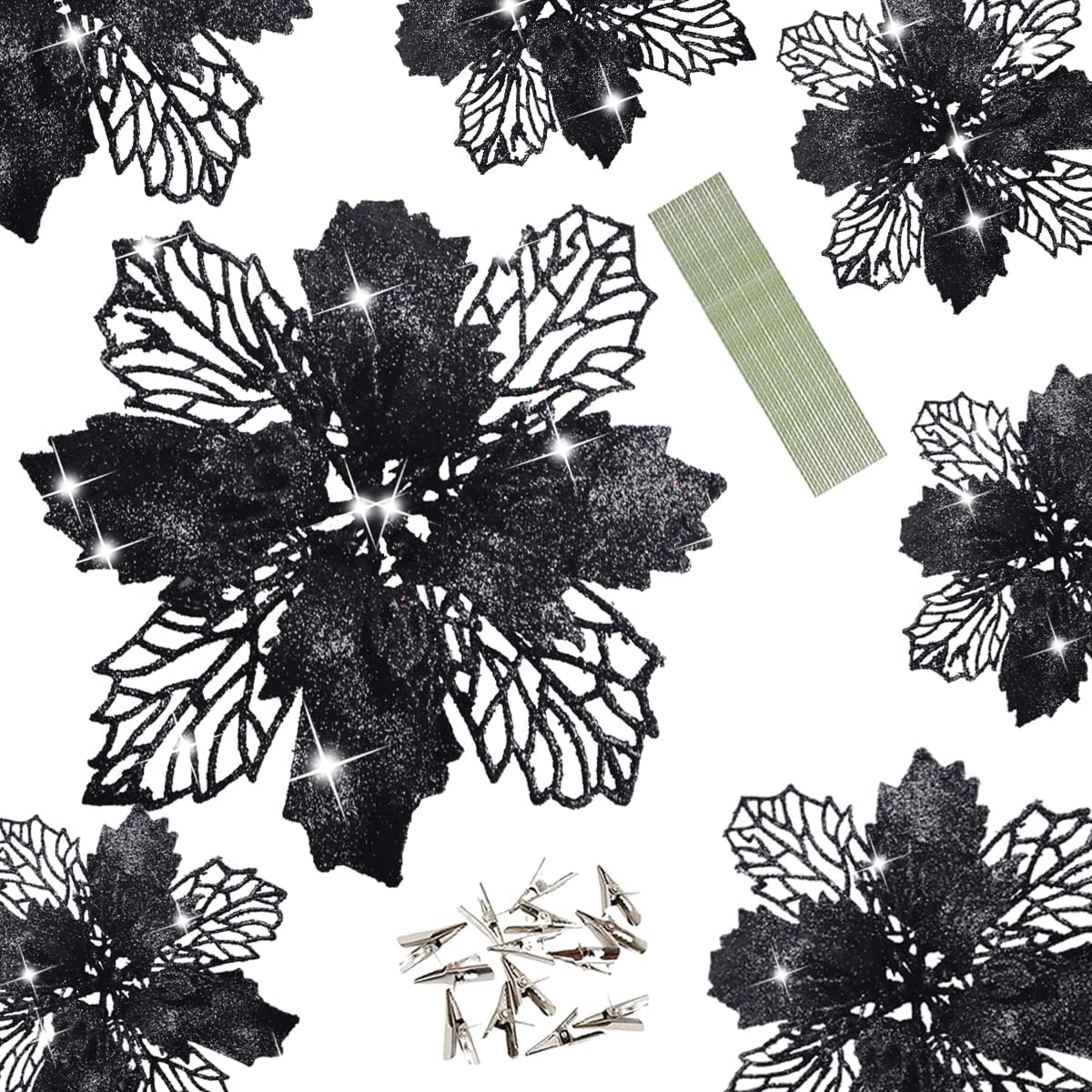 Xxmao 12 Pcs Silver Glitter Artificial Poinsettia Flowers With Clips