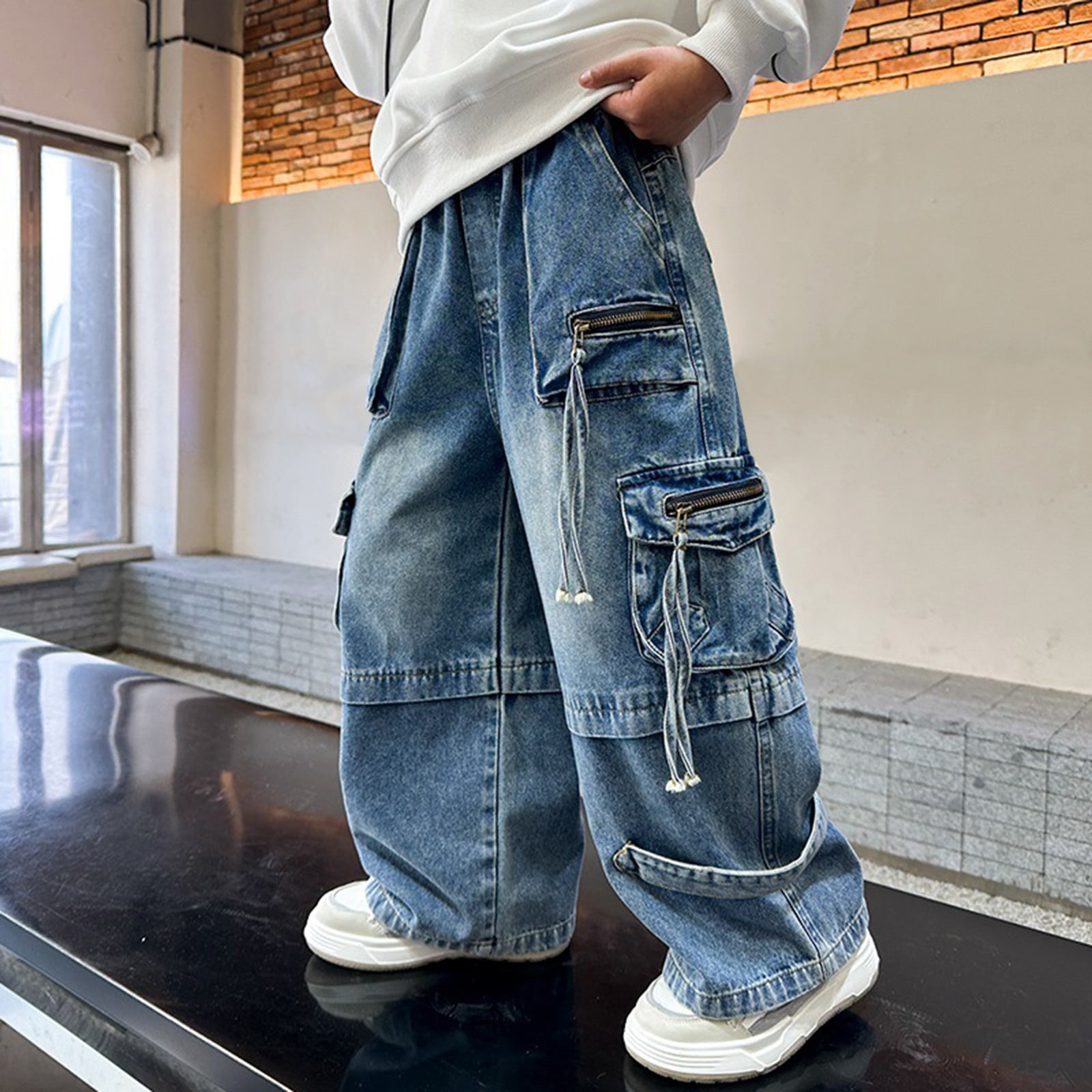 XXWXYD Boys Distressed Cargo Jeans with Zip Pockets Baggy Denim Pants ...