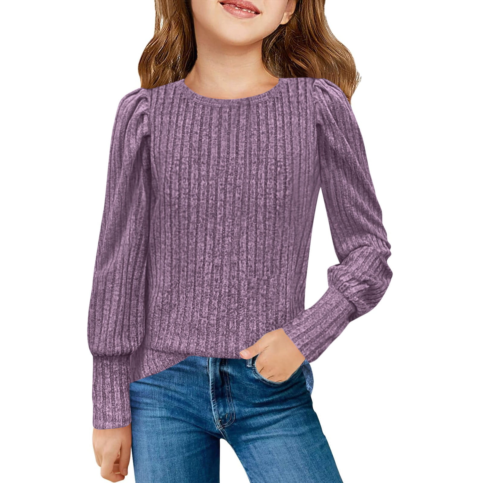 XXWXYD Clearence Puff Sleeve Ribbed Knit Blouse - Textured Long Sleeve ...