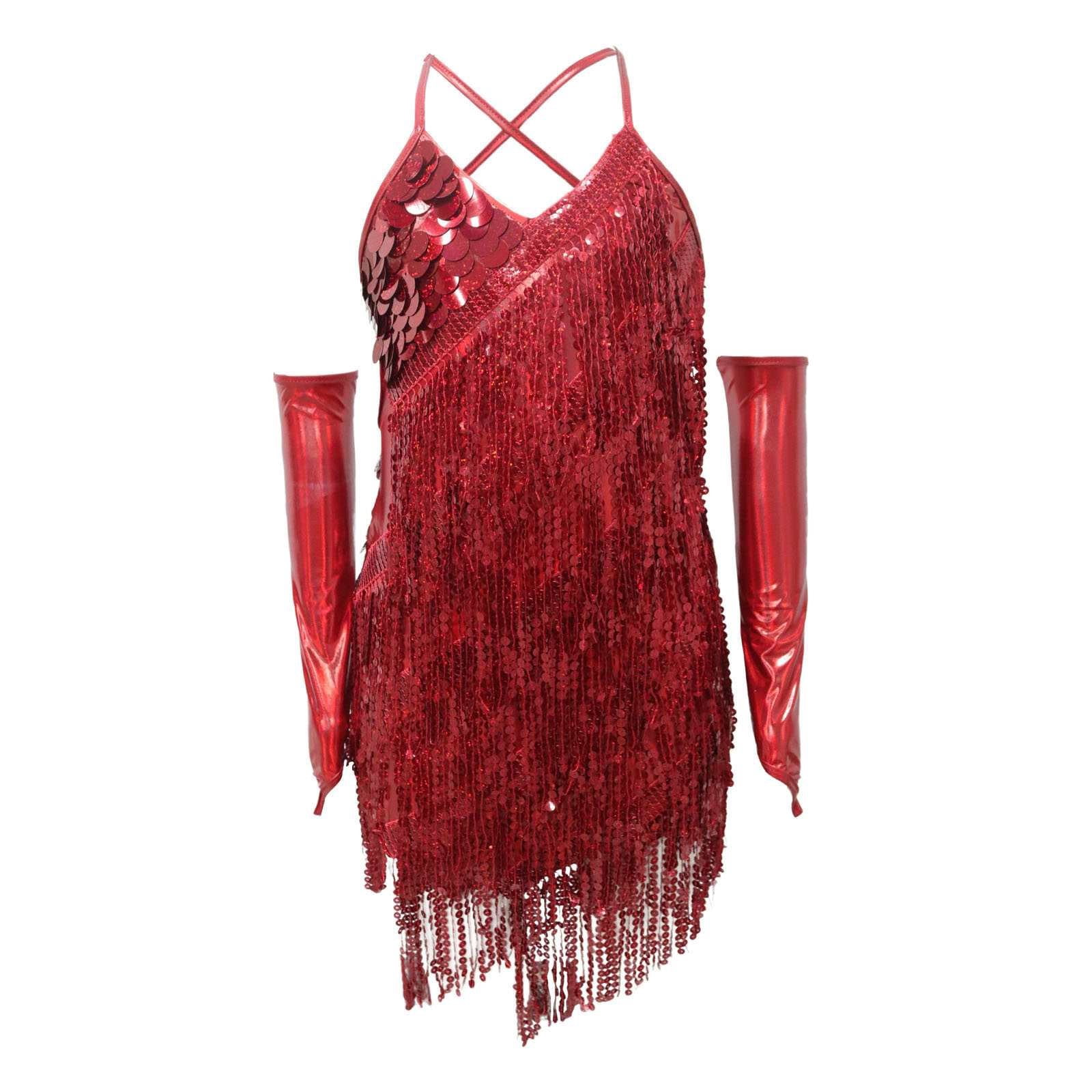 XXWXYD Girls Fringe Sequin Dance Dress Latin Dress with Choker Gloves ...