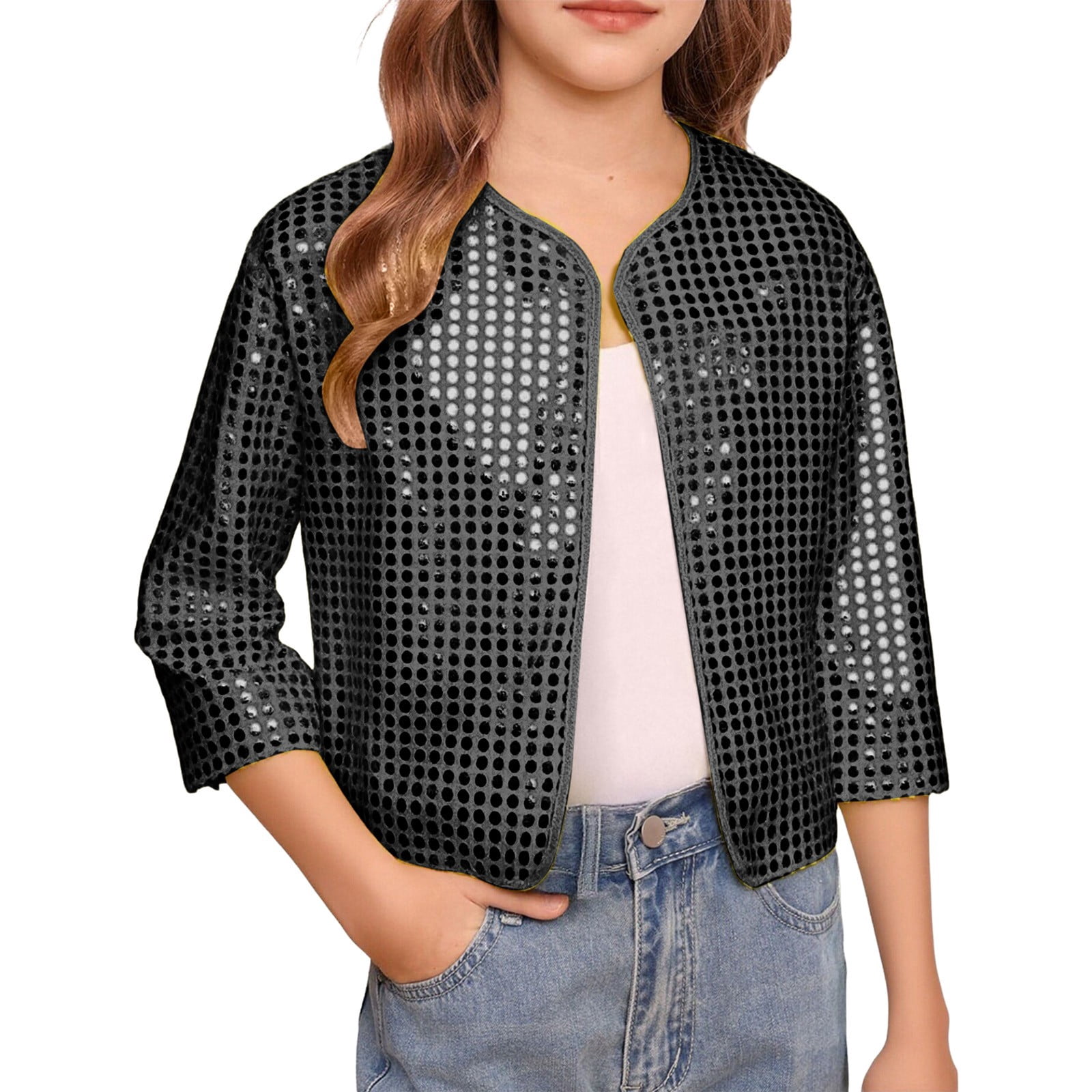 XXWXYD Girls Sequin Boler𝗈 Jacket Shru𝑔 Long Sleeve Open Front Sparkly ...