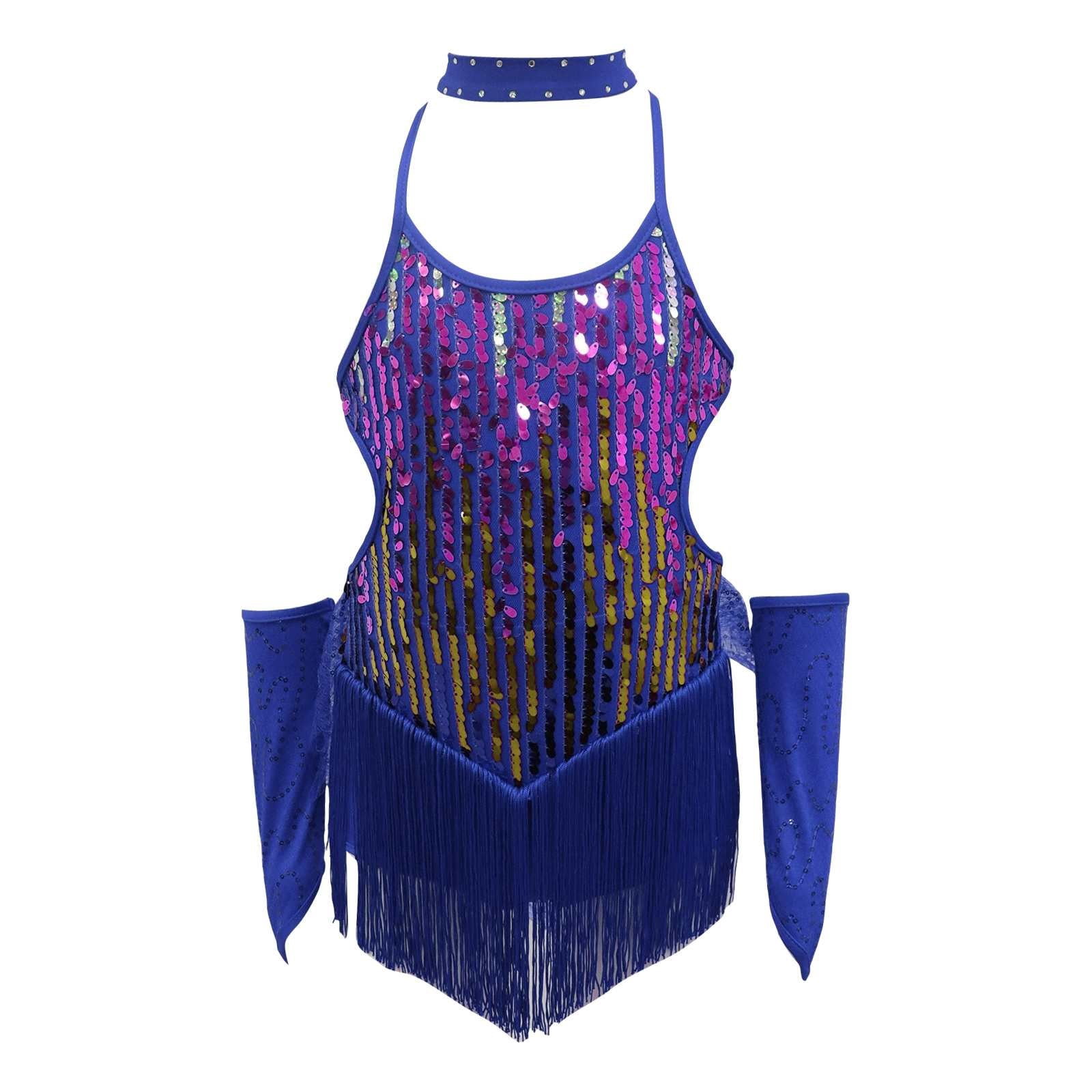 XXWXYD Girls Sequin Tassel Dress Latin Dance Skirt Sparkling Ballet ...
