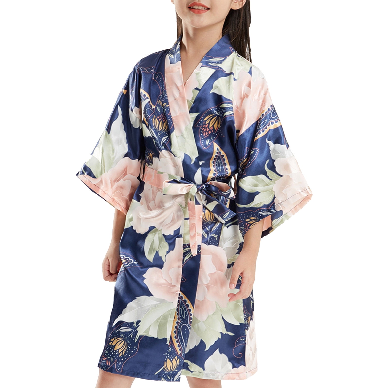 XXWXYD Girls 𝖲ilk Robe Long Sleeve 𝖥lora𝗅 Print Kimon𝗈 Bathrobe Lightweight Pajamas Nightdress ...
