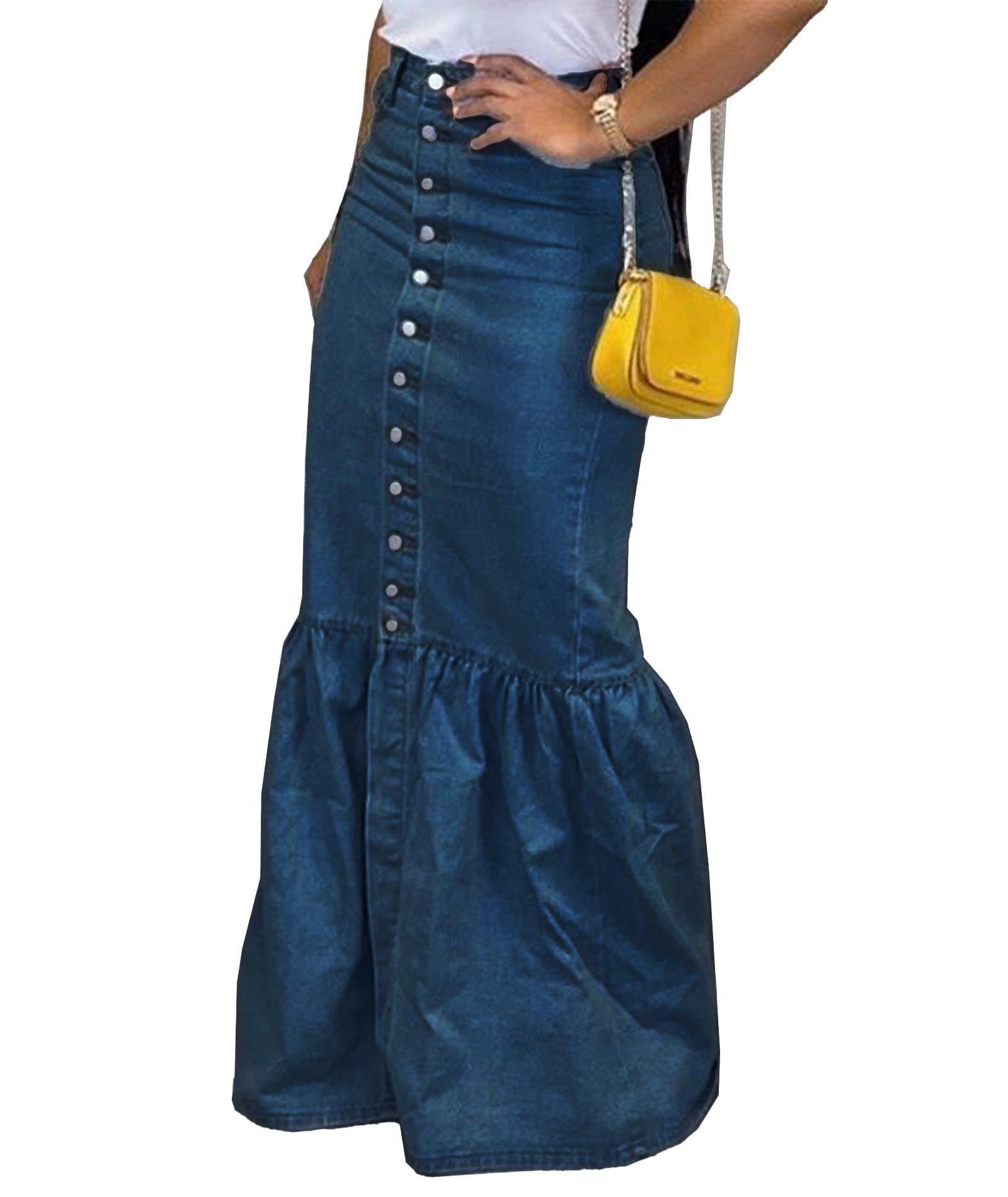 XXXITICAT Women's Button Down Denim Ruffle Maxi Dress Elegant Long ...