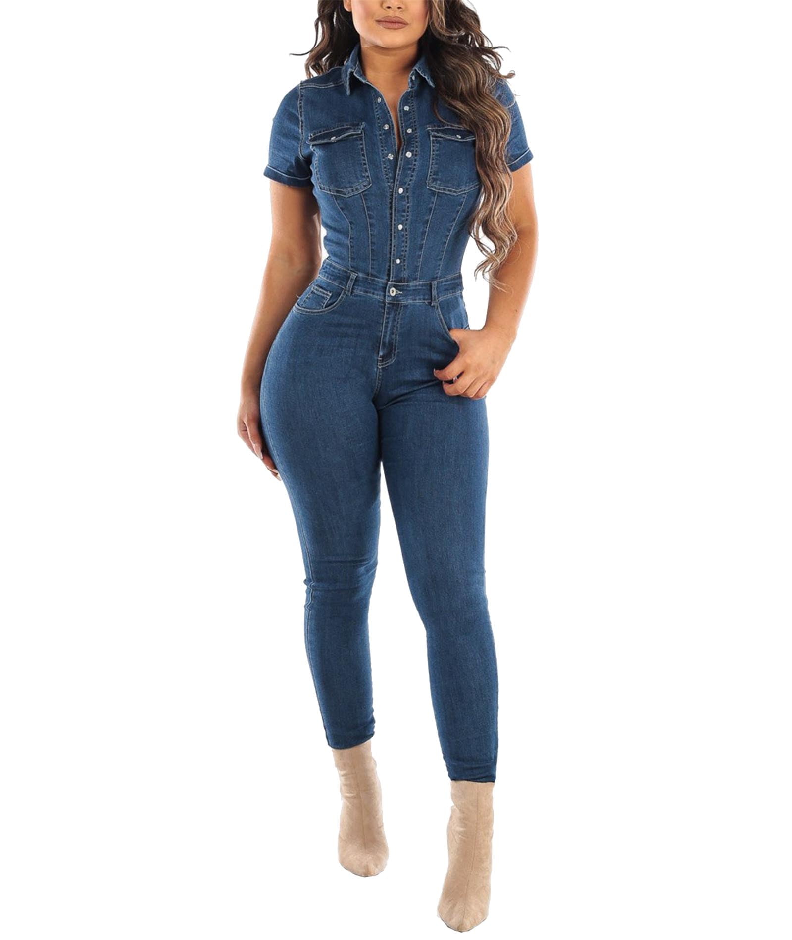 XXXITICAT Women's Button Down Slim Fit Denim Long Jumpsuits Jeans ...