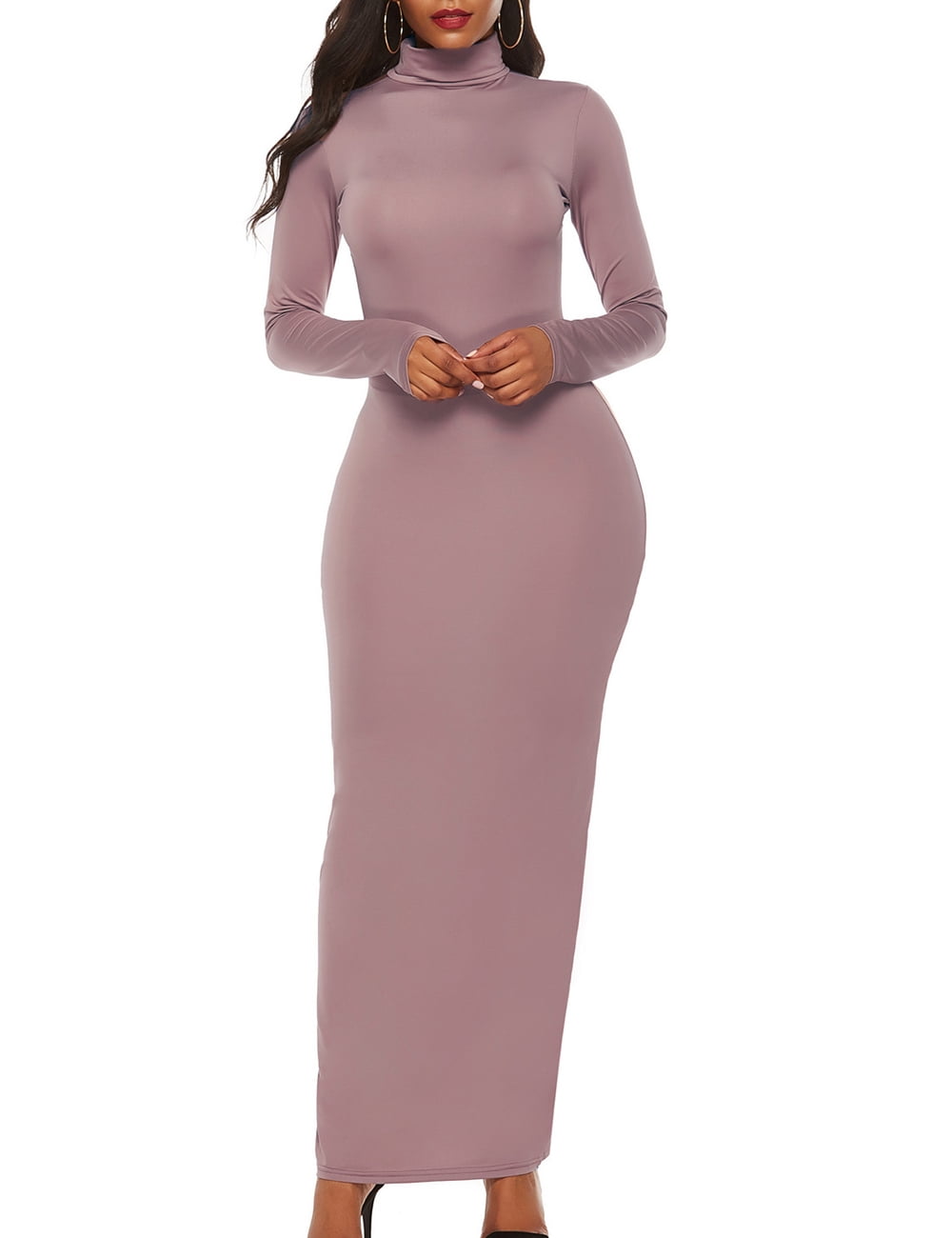 XXXITICAT Women's High Neck Maxi Gown Dress Long Sleeve Turtleneck Floor Length Slim Plain Basic ...