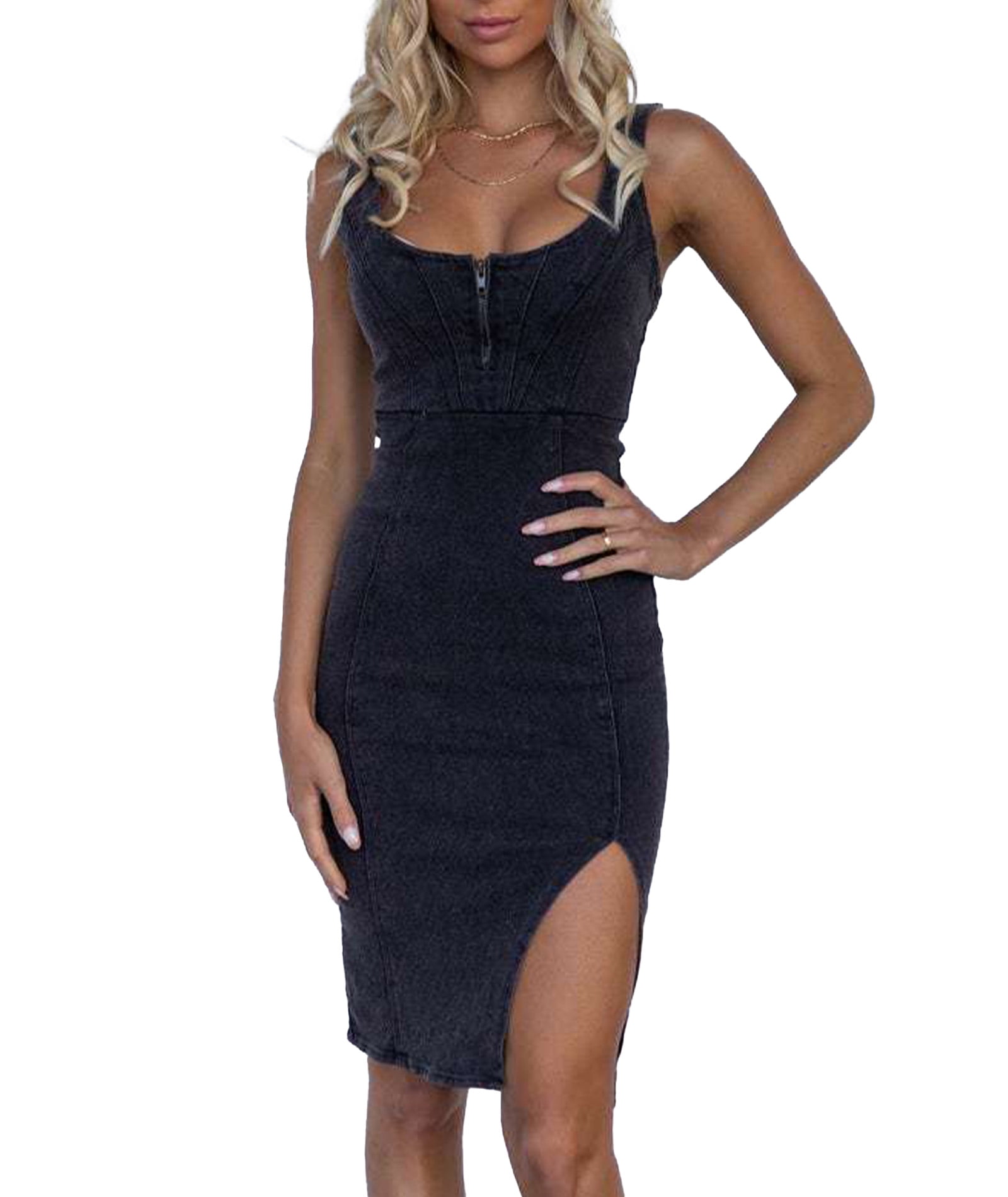 XXXITICAT Women's Zip Up Denim Midi Dress Strap Slit Bodycon Stretchy ...