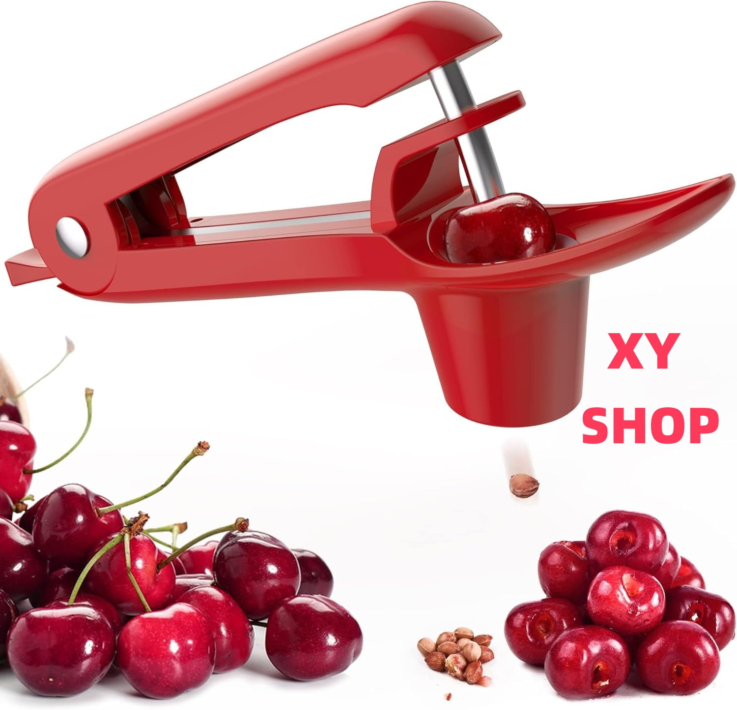 XY SHOP Stainless Steel Cherry Pitter - Hand-held Push Design Corer Tool with Lock, Red, Time ...