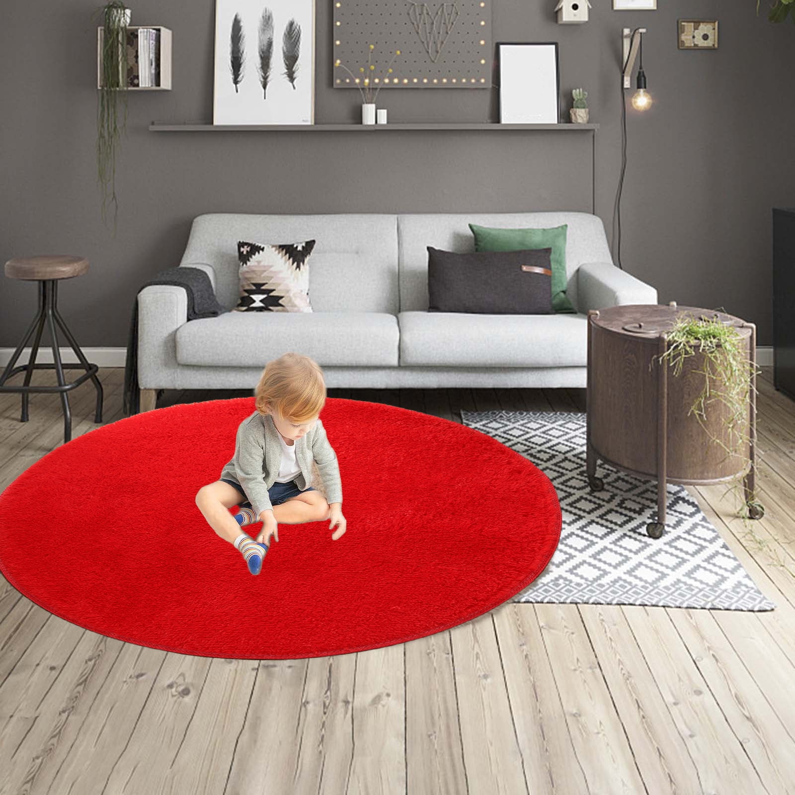 XYAIYT Red Fluffy Round Rug 40 Inch Short Hair Fuzzy Plush Circle Throw ...