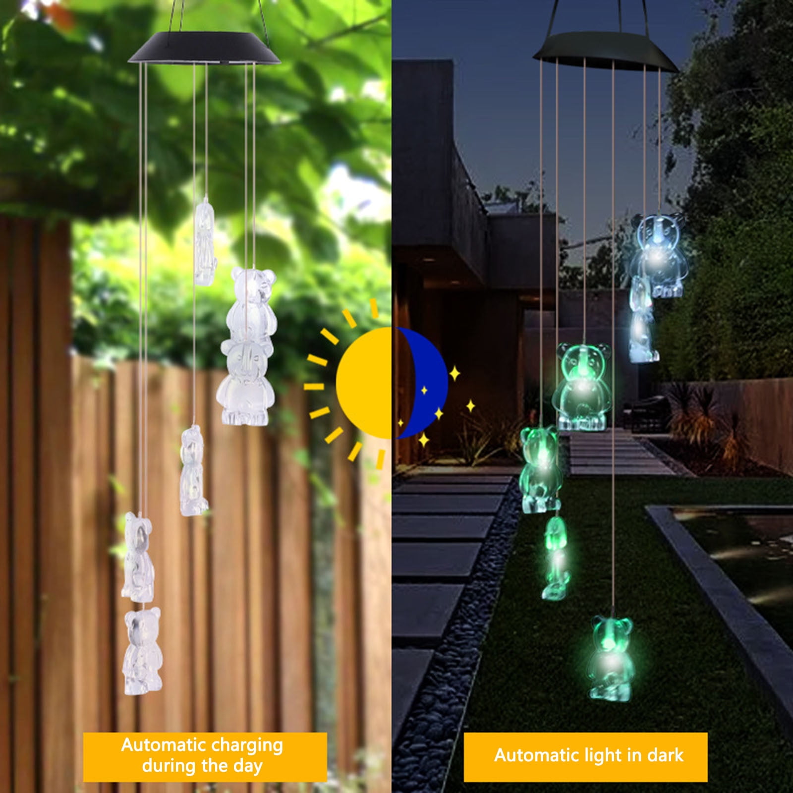 XYAIYT Solar Powered Bear Bells Wind Chimes with LED Lights Outdoor ...