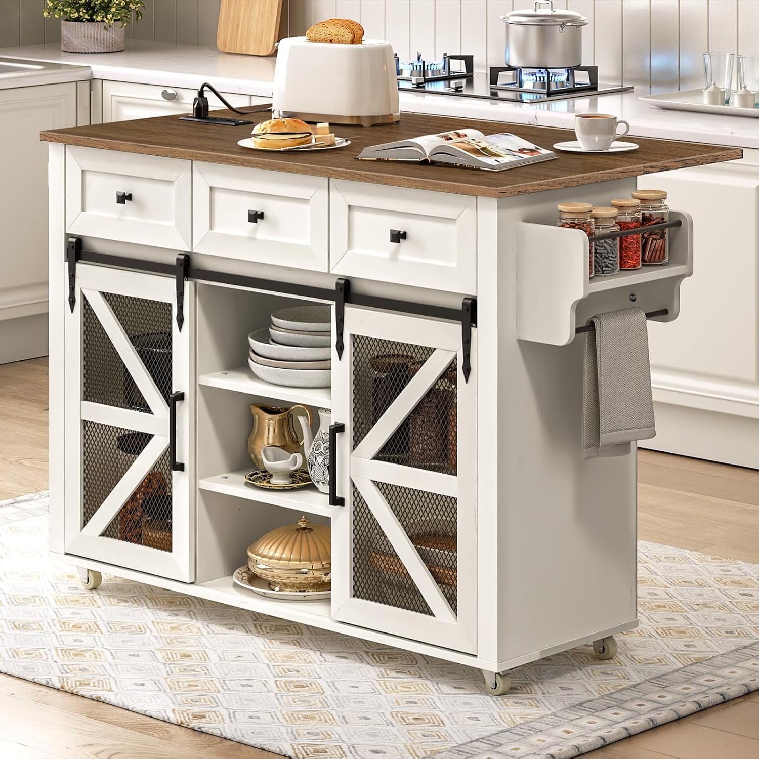 Kitchen Island with Storage Kitchen Cart with Charging Station Rolling ...