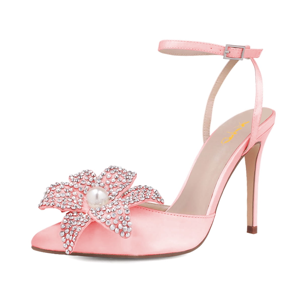 XYD Women Ankle Strappy Pearl Rhinestones Pumps Crystal Flower Pointed ...