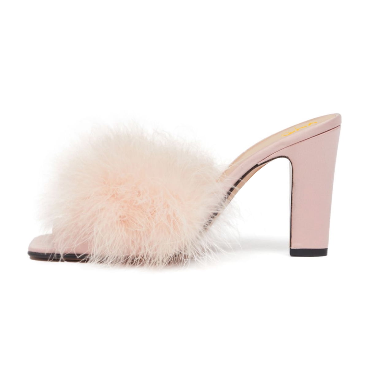 XYD Women Chic Faux Fur Backless Slides Mules Square Open Toe Sandals ...
