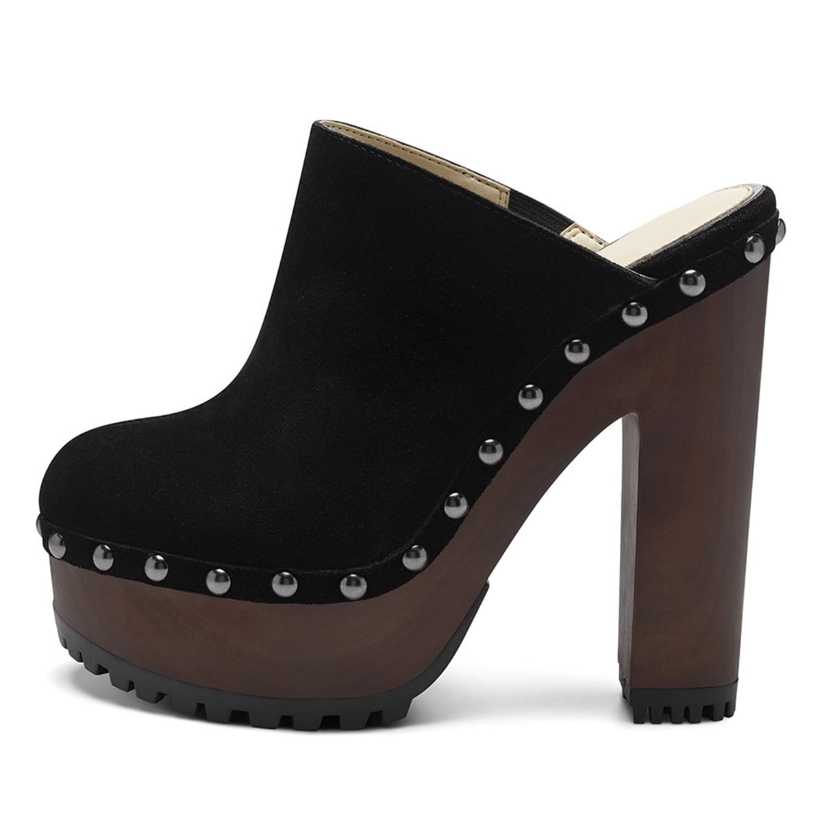 XYD Women Chic Platform Chunky High Heels Studded Mules Round Closed ...