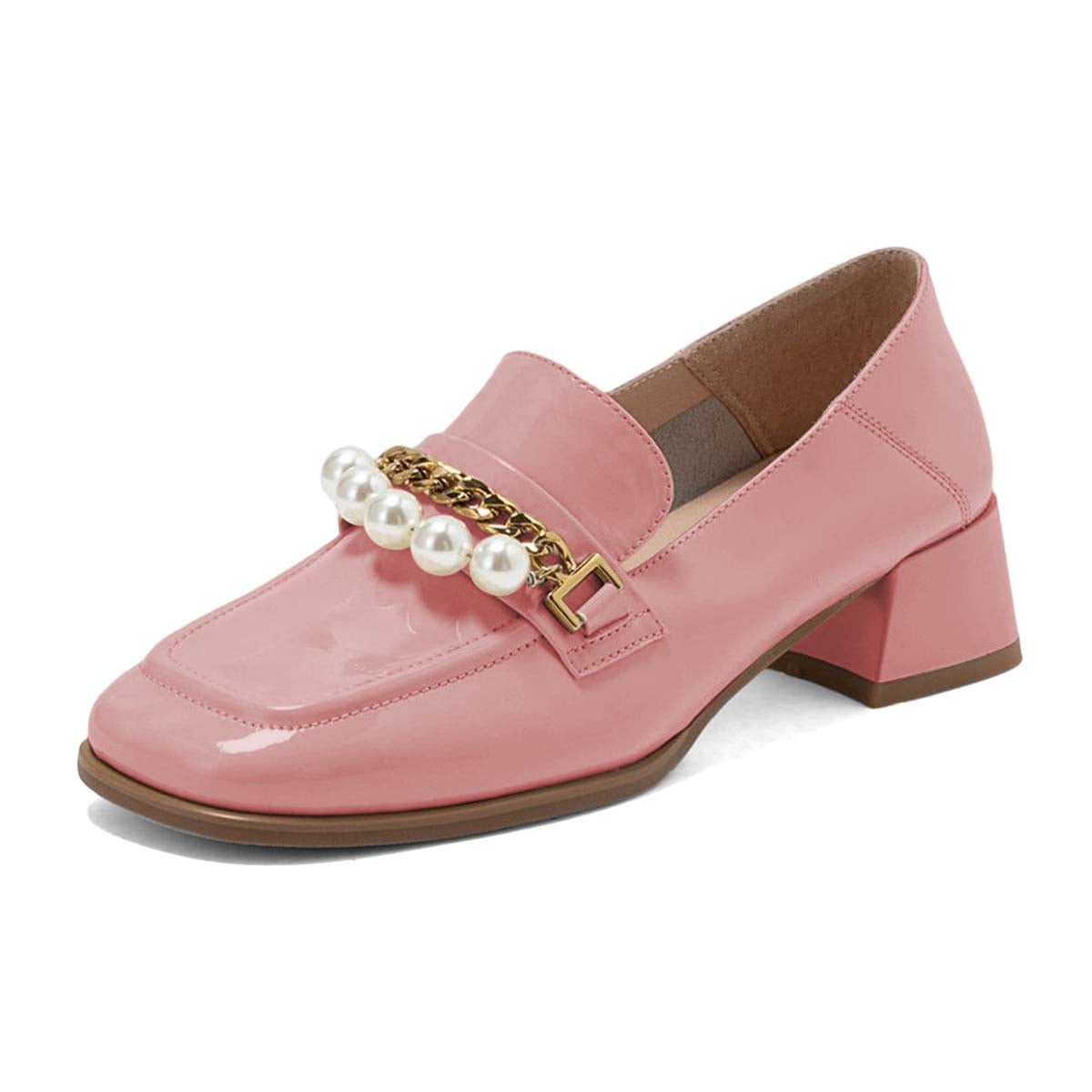 XYD Women Classic Square Closed Toe Golden Chain Pearl Loafer Chunky ...