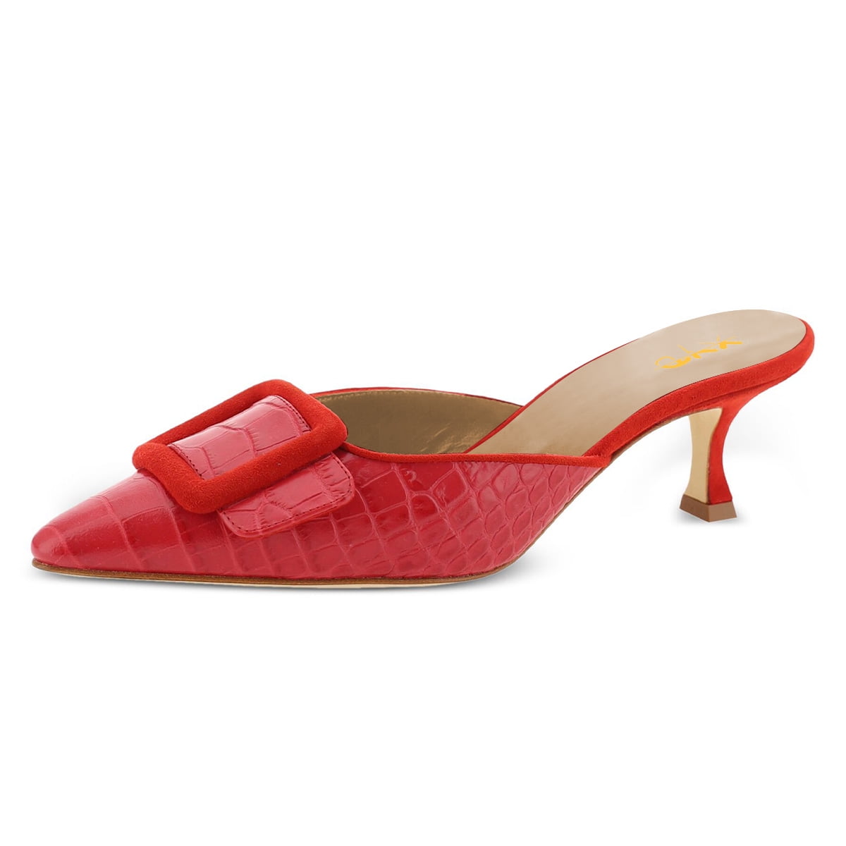 XYD Women Leather Heeled Mules Pointed Closed Toe Buckle Kitten Heel ...