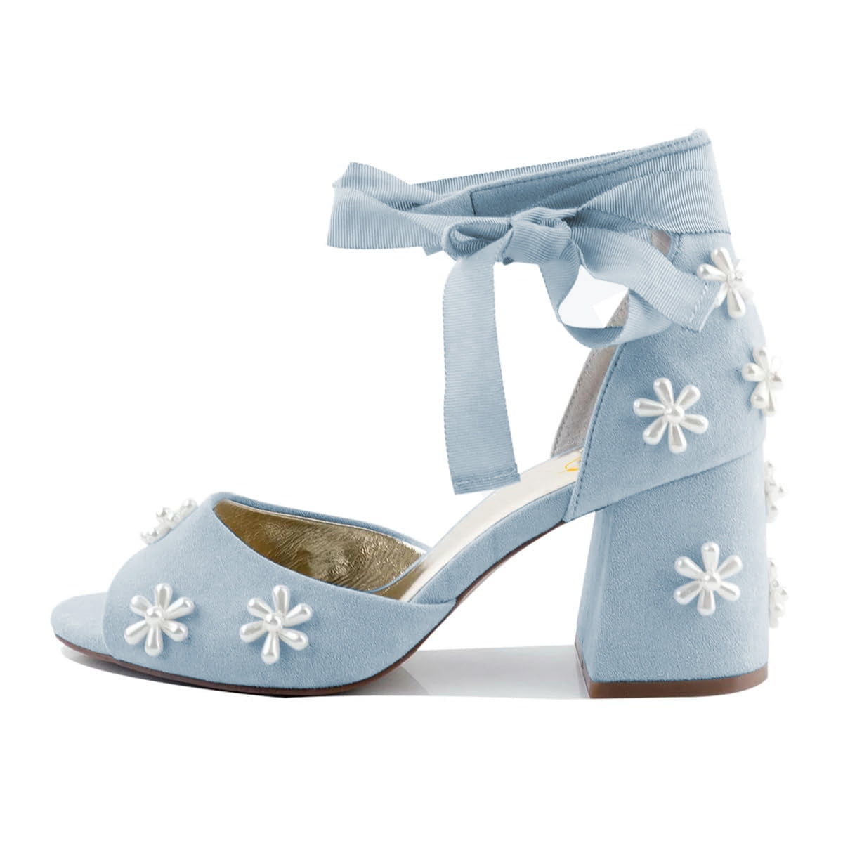 XYD Women Cute Round Open Toe Sandals Pearl Flower Ankle Strap Lace Up ...