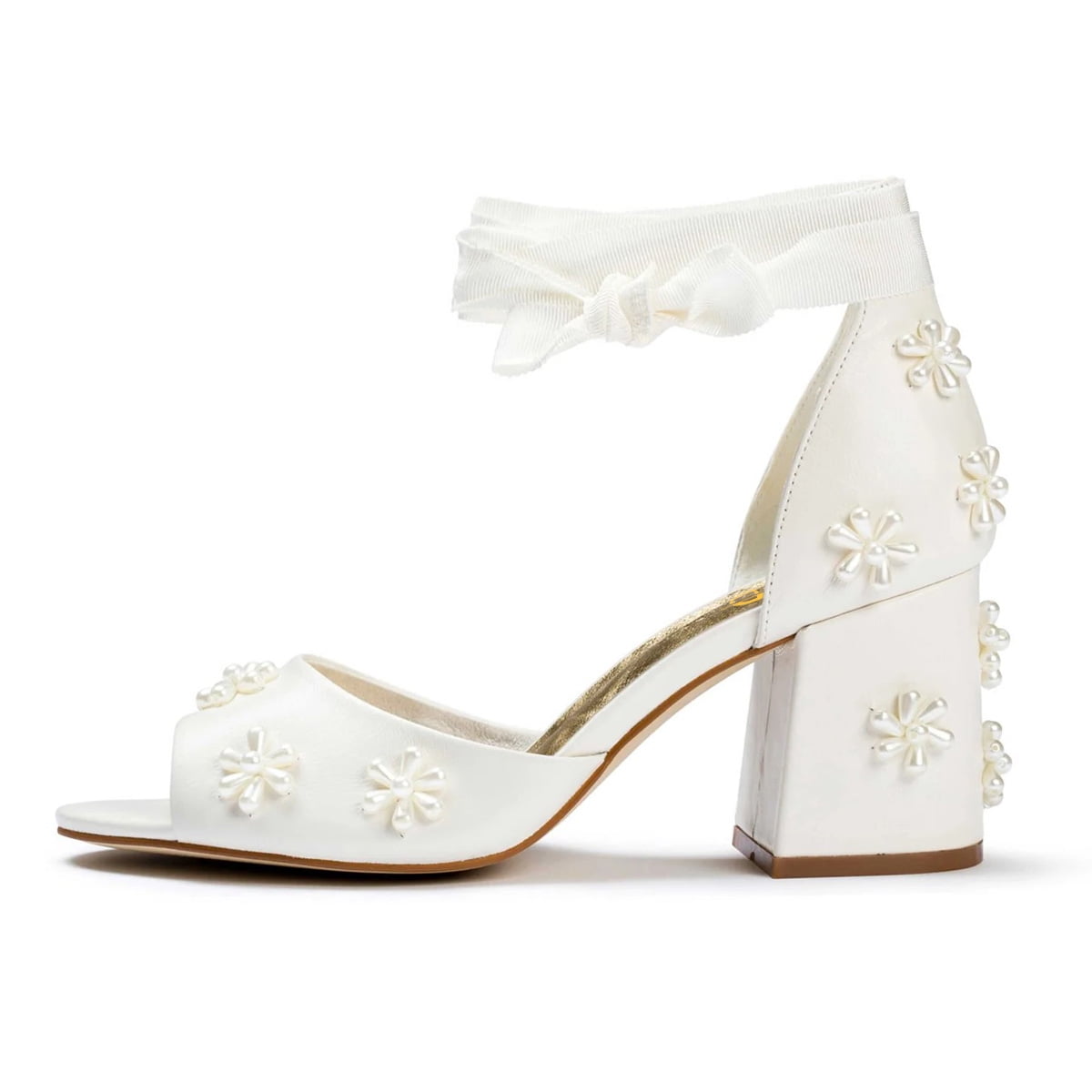 XYD Women Cute Round Open Toe Sandals Pearl Flower Ankle Strap Lace Up ...