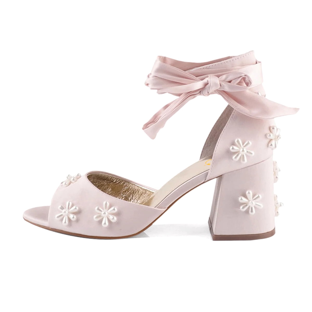 XYD Women Cute Round Open Toe Sandals Pearl Flower Ankle Strap Lace Up ...