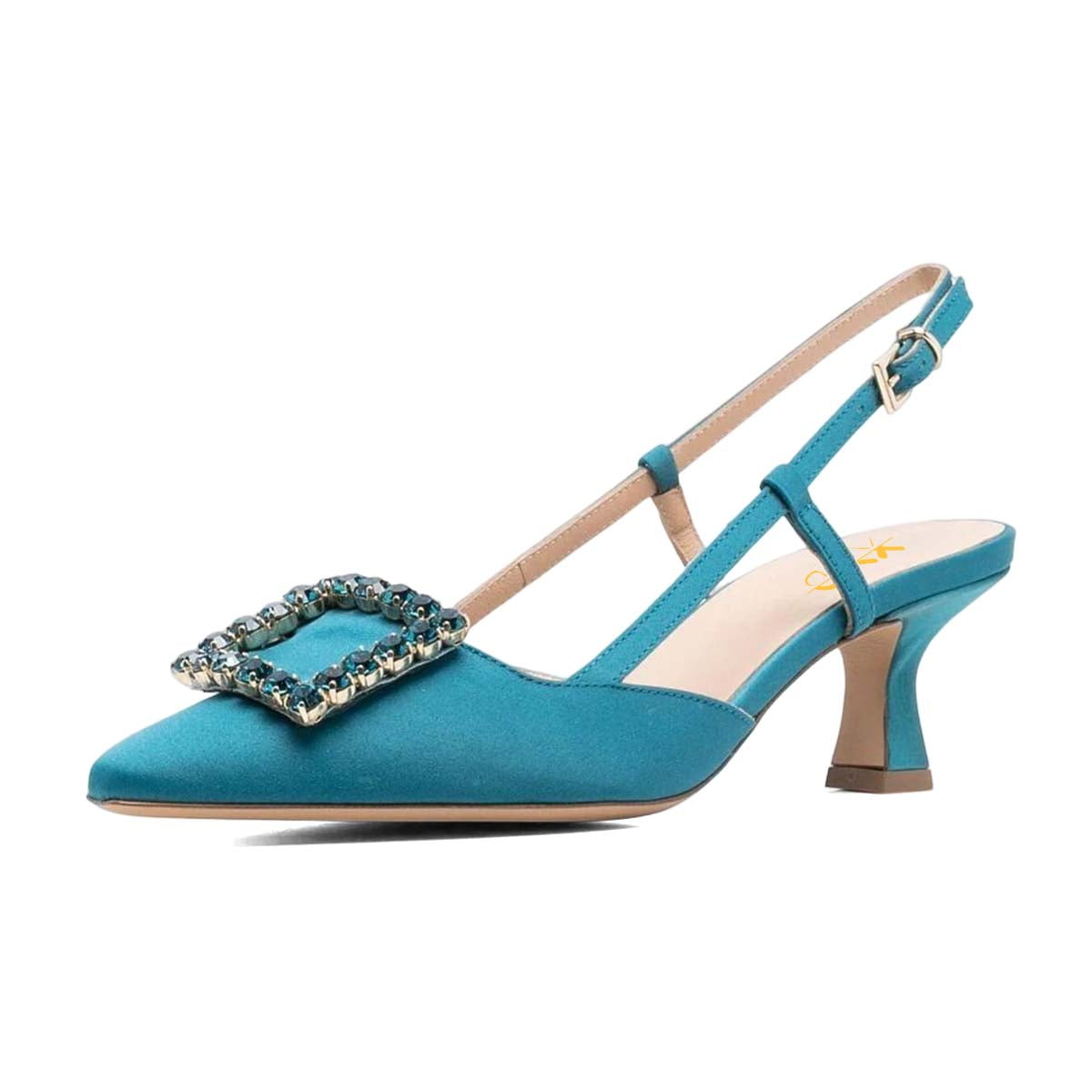 XYD Women Elegant Pointy Closed Toe Rhinestone Buckle Slingback Low Heels Slip On Ankle Strap ...