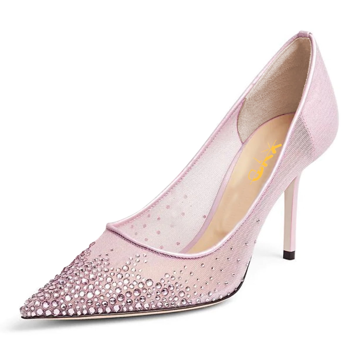 XYD Women Elegant Rhinestones Pointed Toe Pumps Crystals Mesh Slip On ...