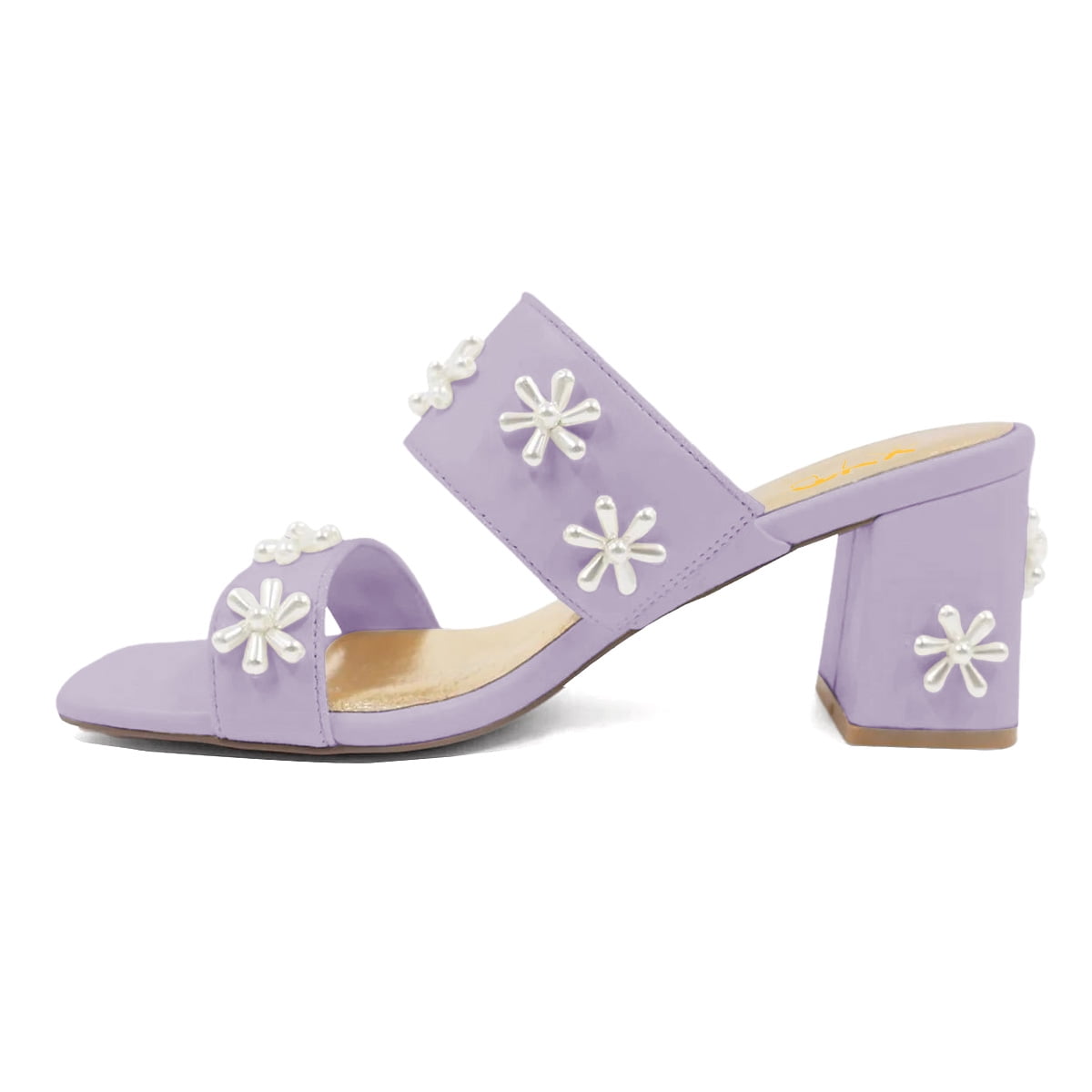 XYD Women Pearl Flower Mule Sandals Square Open Toe Block Heel Slides ...