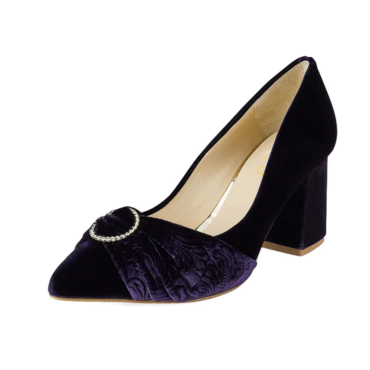 XYD Women Retro Circular Ring Velvet Pumps Block Mid Heels Pointy Close ...