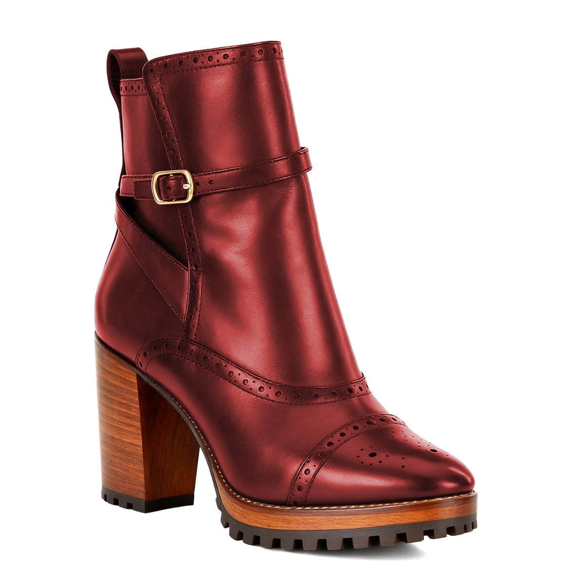 XYD Women Round Toe Perforated Ankle Boots Lug Sole Wooden Block Heel ...