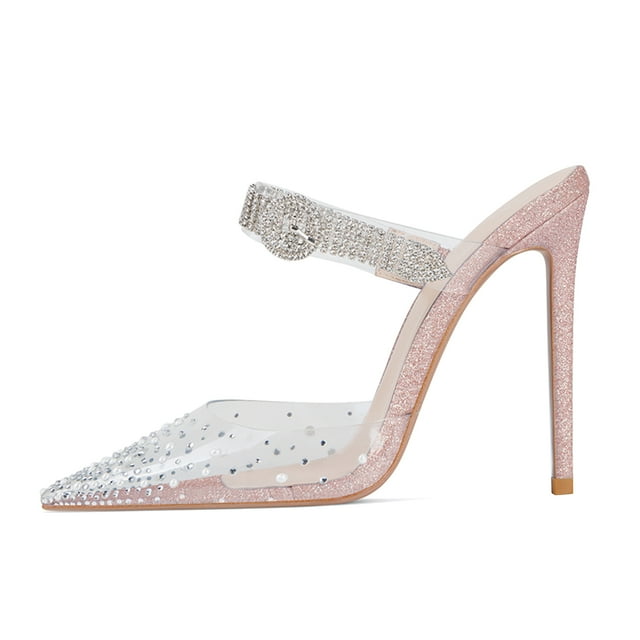 XYD Women Transparent Pointed Toe Mules Crystal Buckle Strap Slides ...