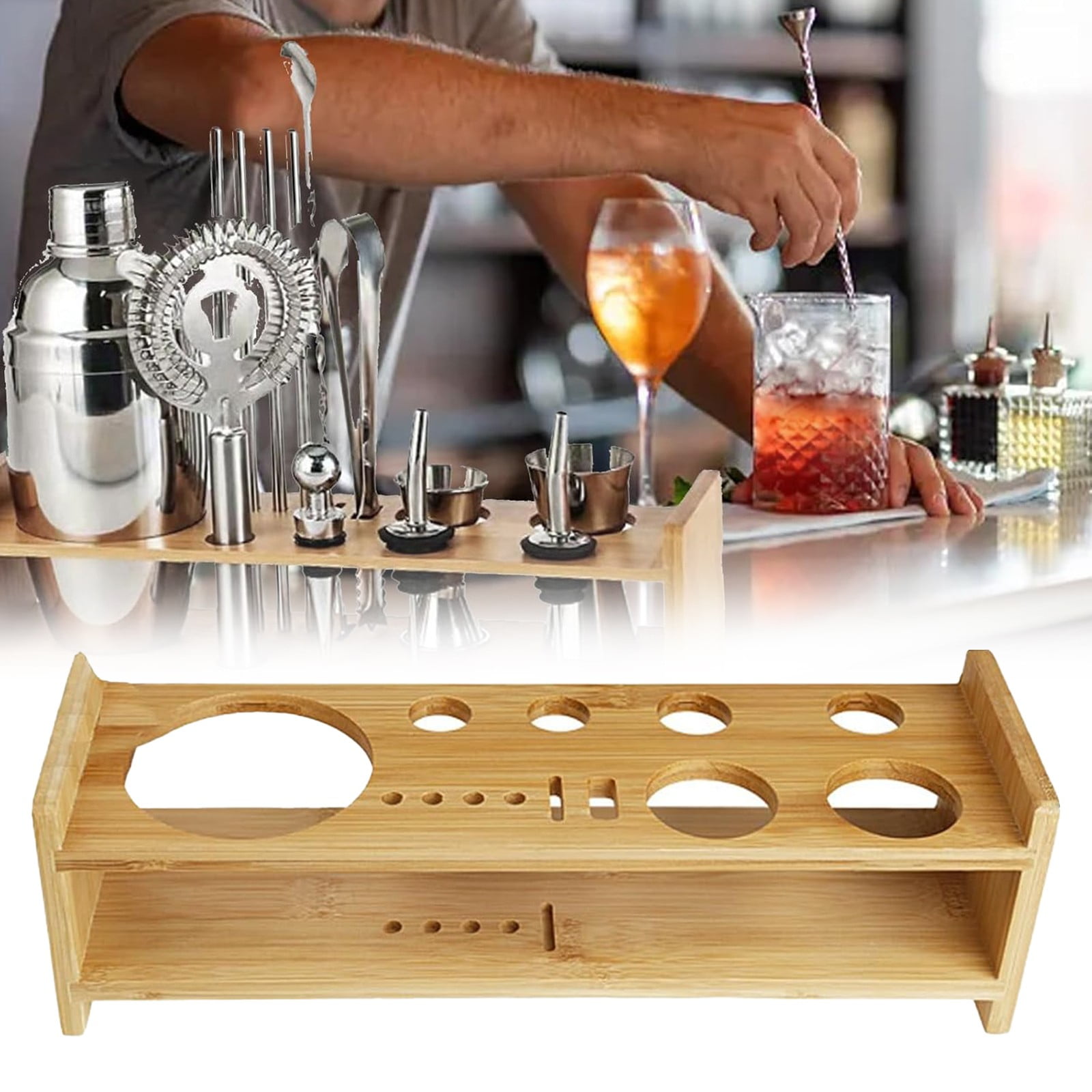XYKA Bartender Kit Stand Large Capacity Wood Bartending Tool Storage Holder Shaker Set Barware ...