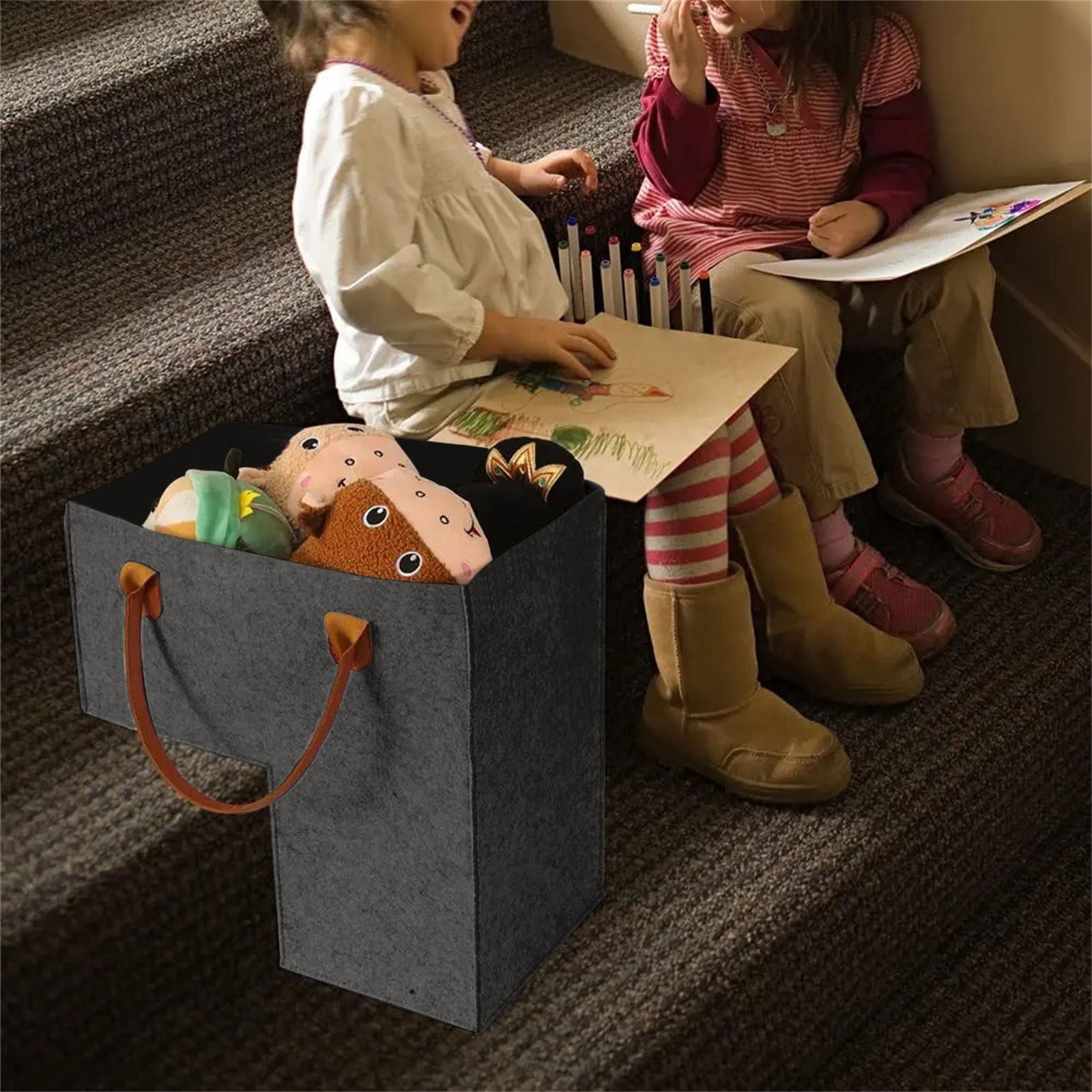 XYKA Foldable Stair Basket for Carpeted and Wooden Stairs with Leather ...