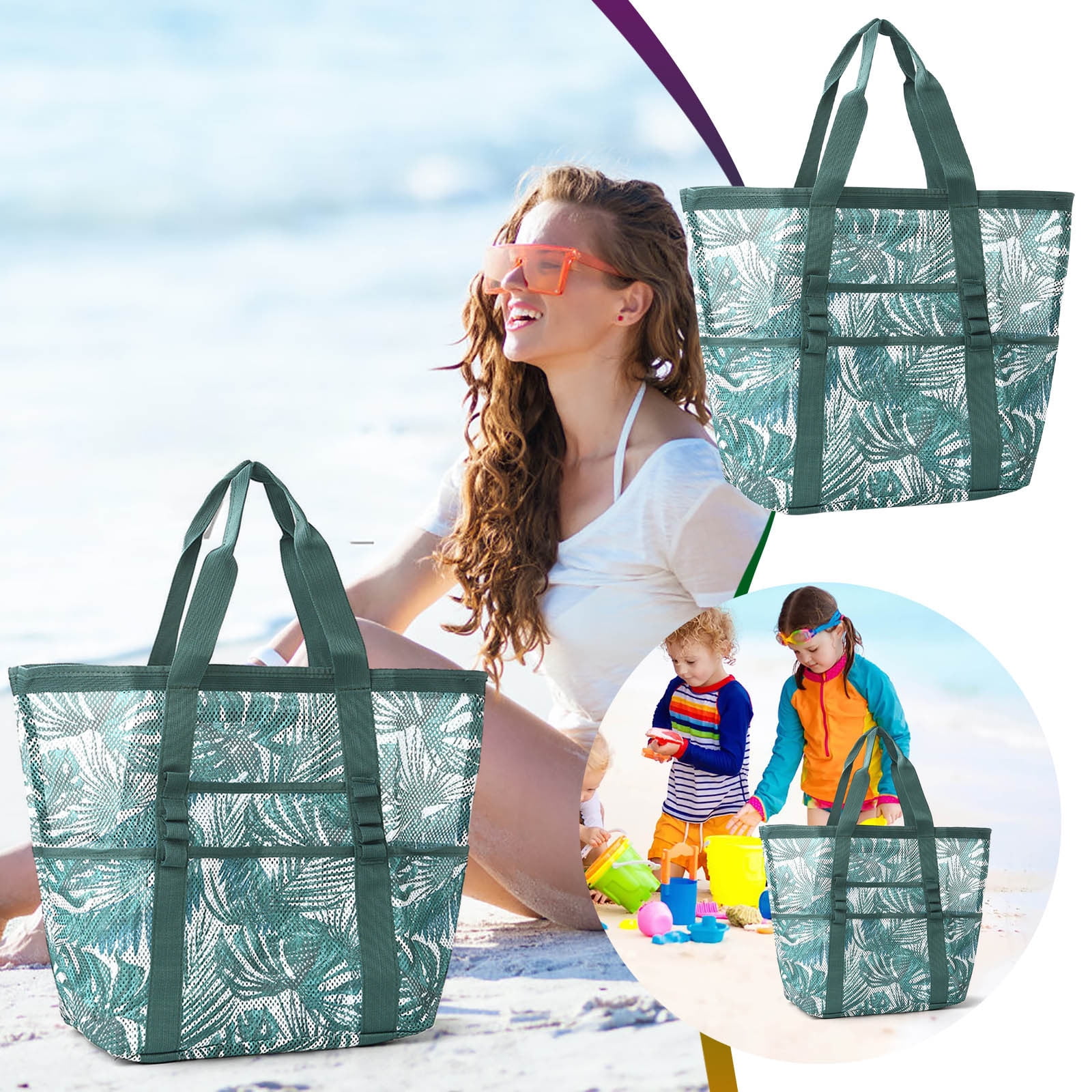 XYRSRUW Large Capacity Folding Beach Tote, Mesh Sand-Free Travel Bag ...