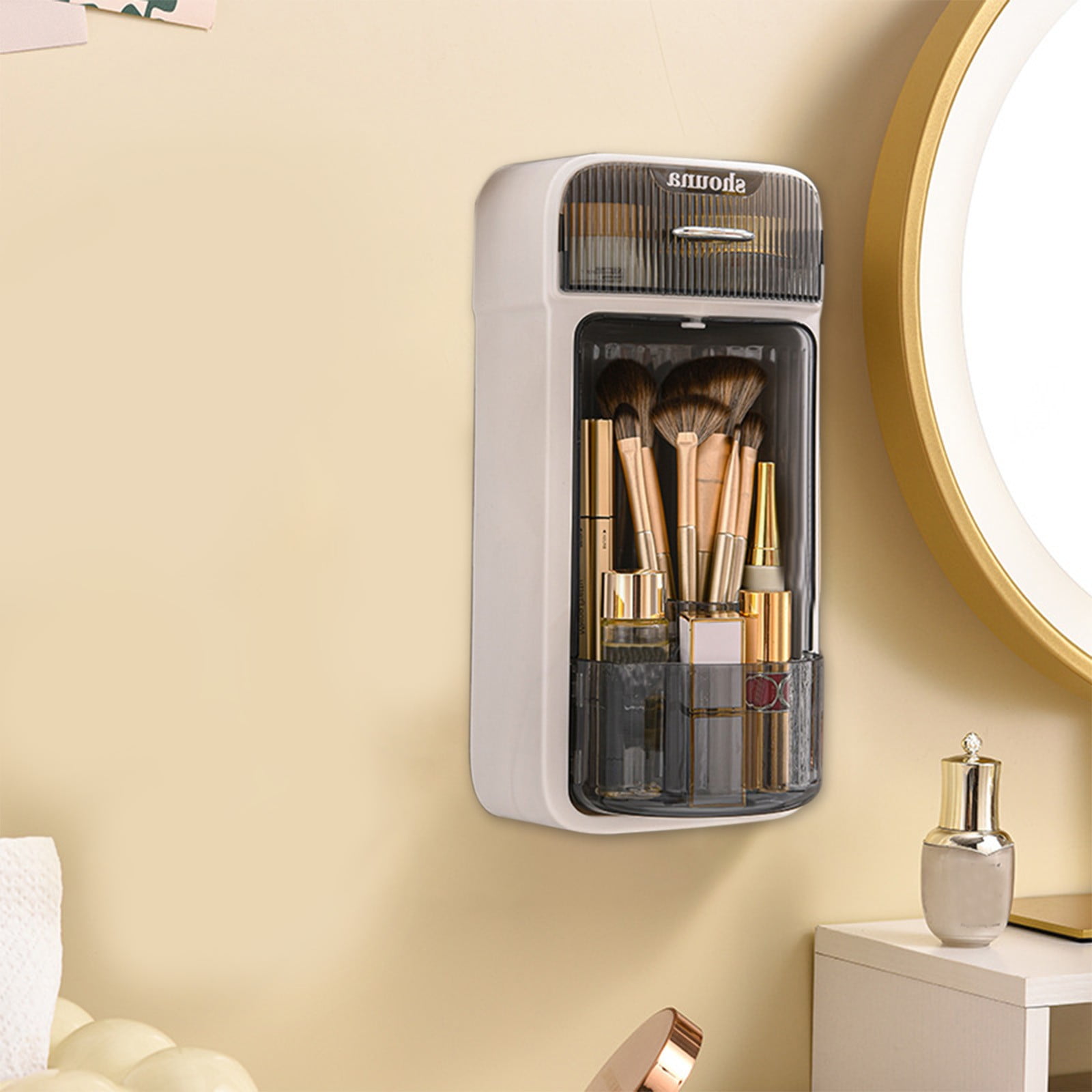 XYRSRUW Wall-mounted Makeup Brush Organizer, Rotating Four-Compartment ...